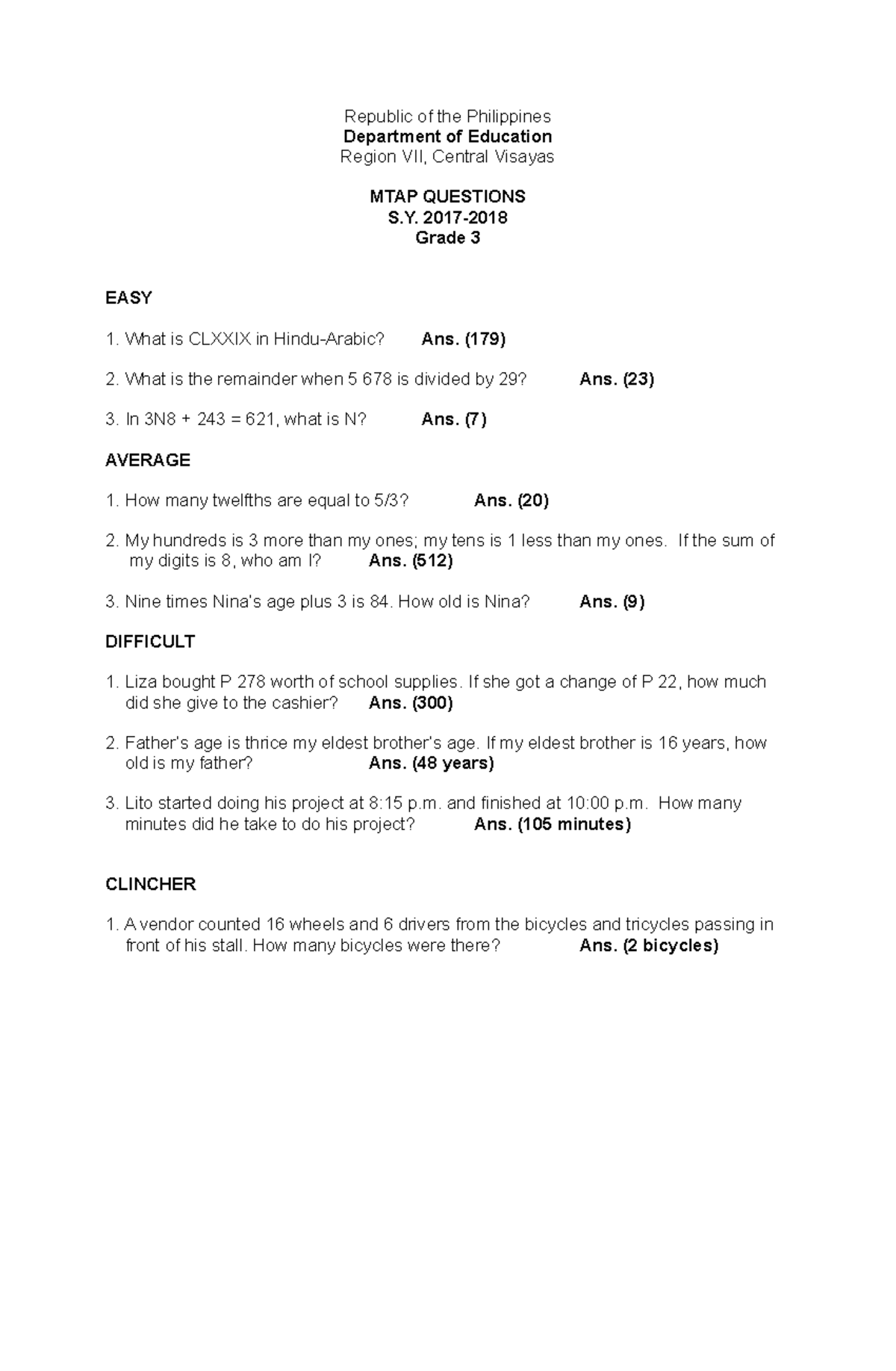 MTAP Questions (district) - Republic of the Philippines Department of ...