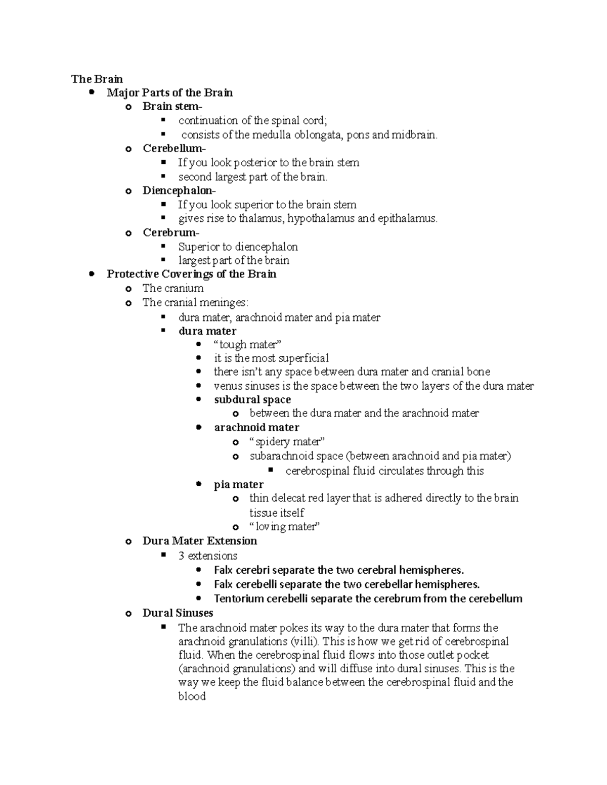 The Brain - Study guide for part of exam 4 - The Brain Major Parts of ...