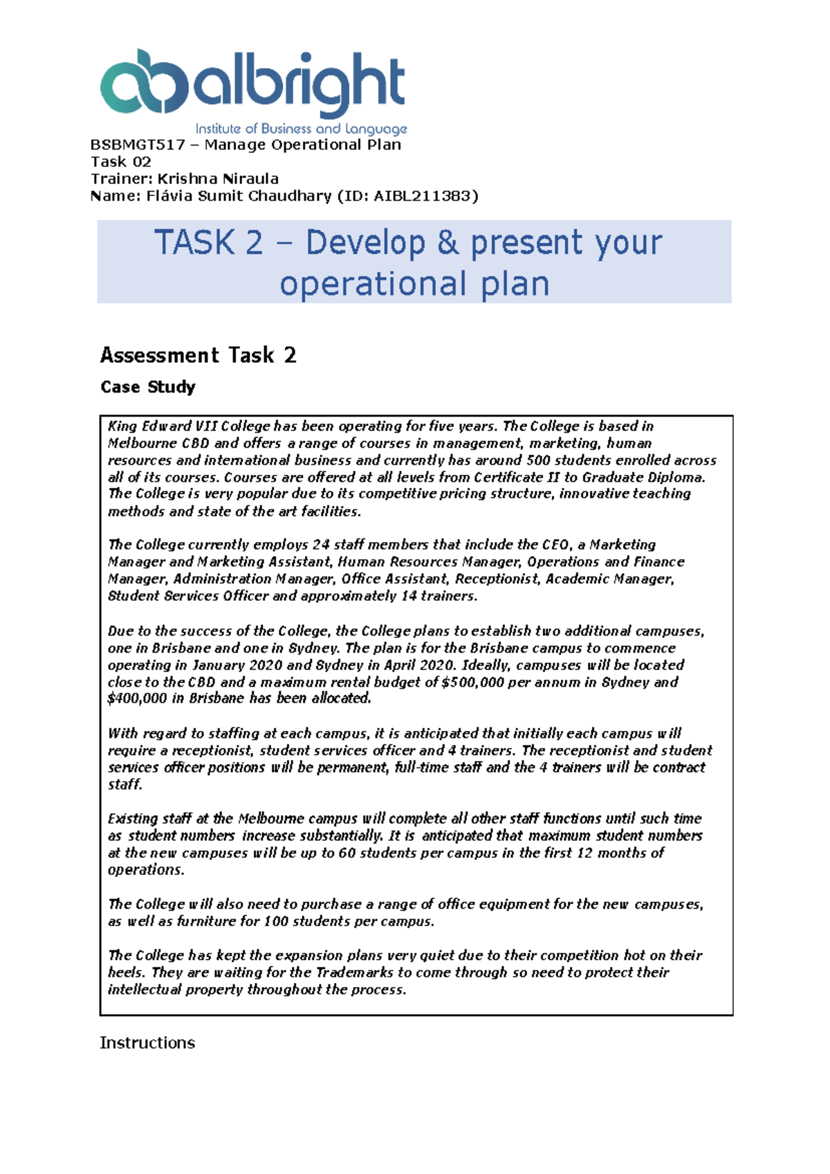 Bsbmgt 517 Task 2 - term 1 assignments - BSBMGT517 – Manage Operational Plan Task 02 Trainer ...