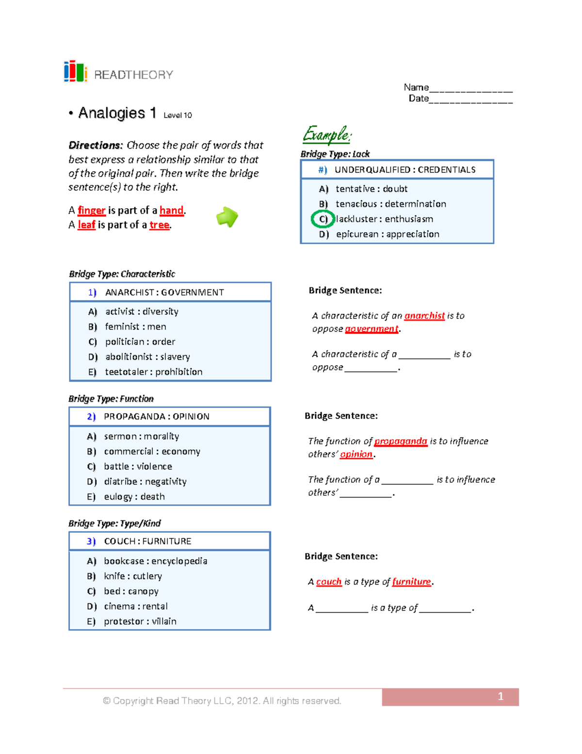 Level 10 Analogies 1 - Math Practice - © Copyright Read Theory LLC ...