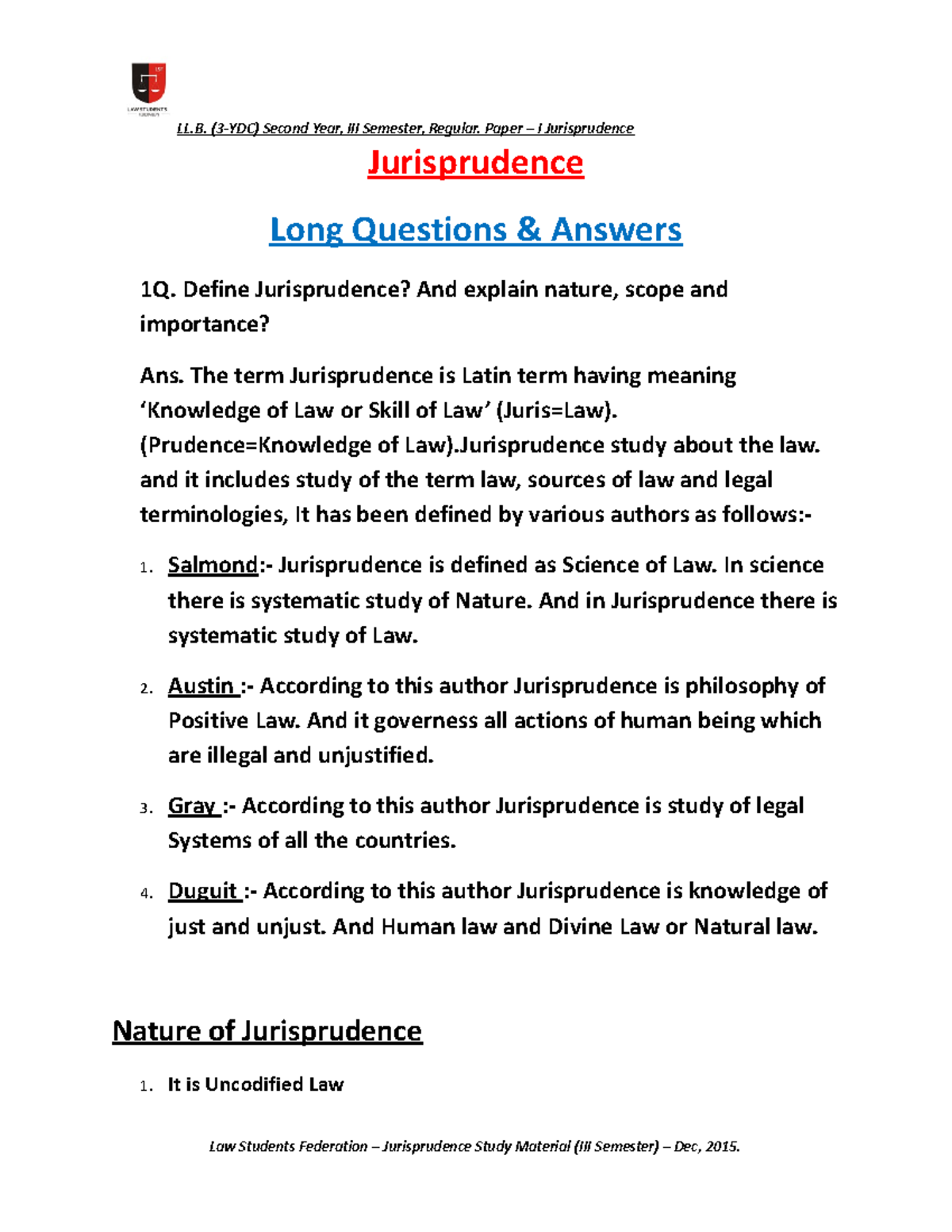 Jurisprudence Notes Pdf Jurisprudence Long Questions Answers 1Q 