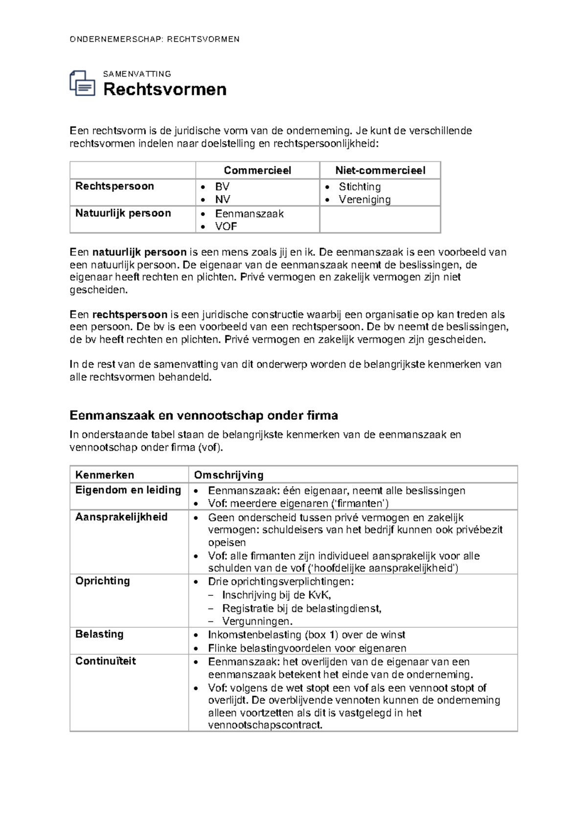 Samenvatting 551 rechtsvormen 1631891331 - SAMENVATTING Rechtsvormen ...
