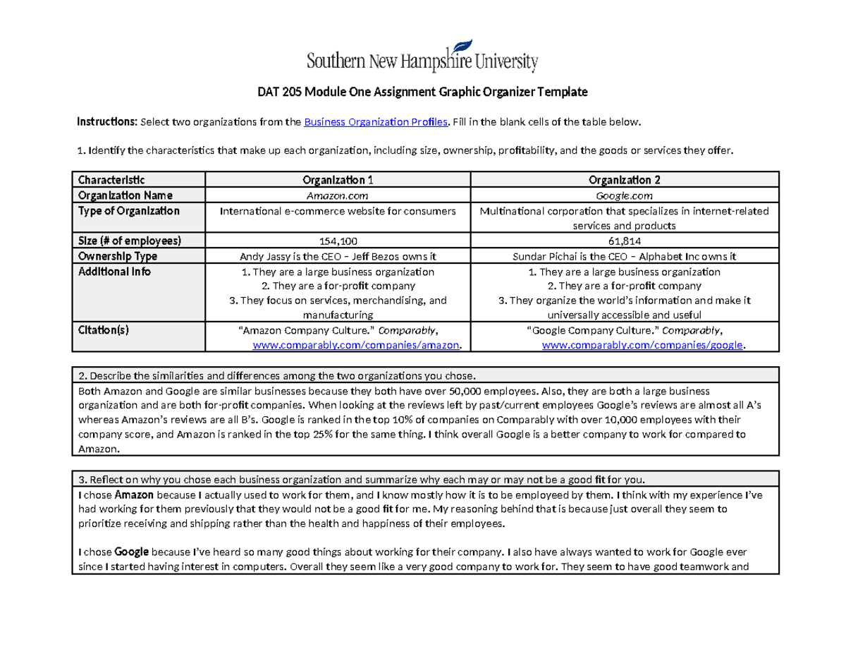 DAT 205 Module One Assignment Graphic Organizer - Fill in the blank ...