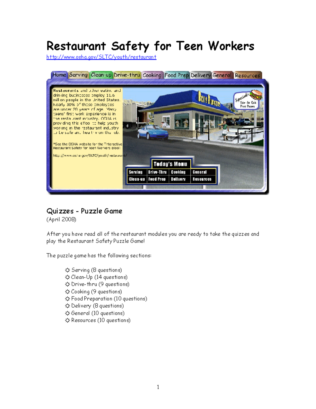 Restaurant-Safety-Quizzes 1 0 - Restaurant Safety for Teen Workers osha ...