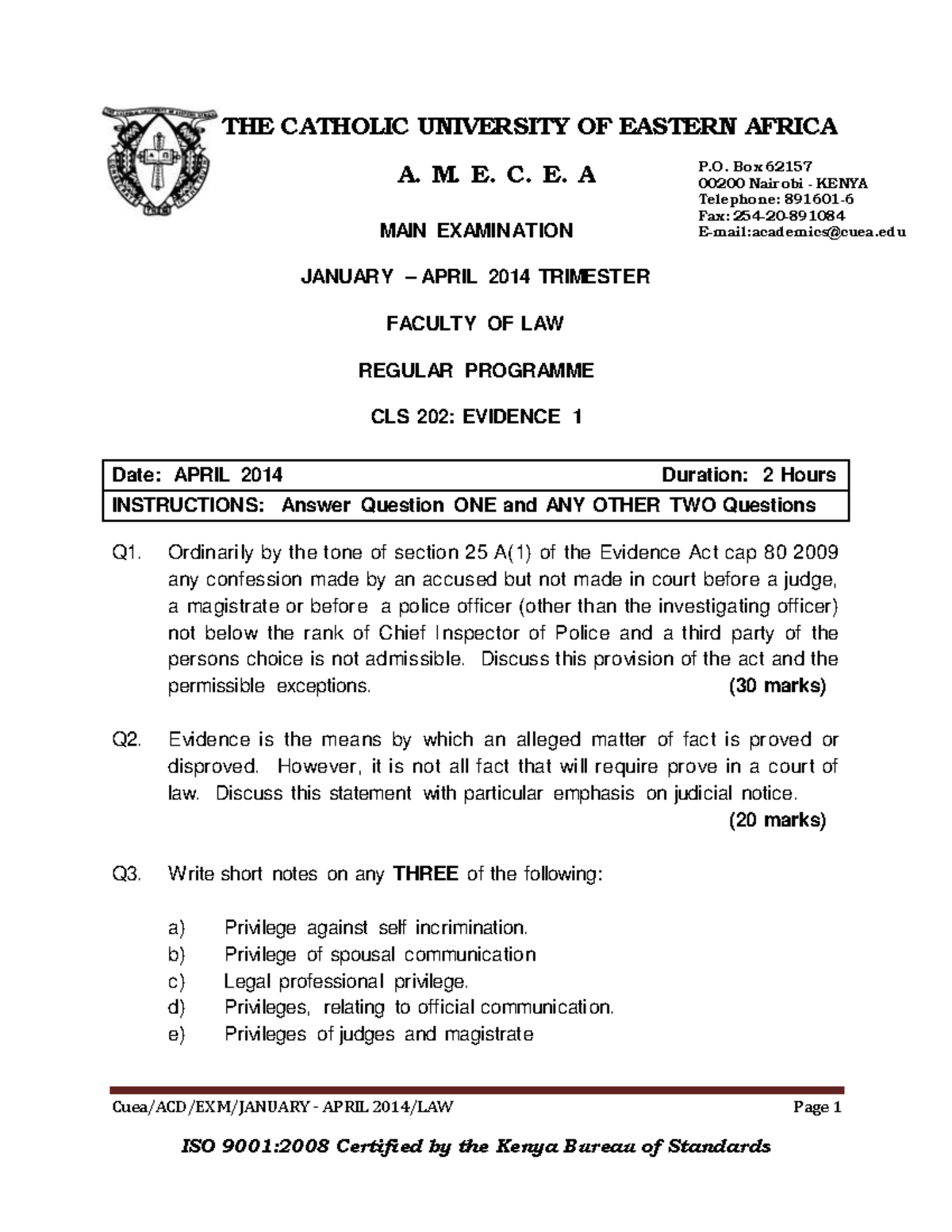 CLS 202 - Cuea/ACD/EXM/JANUARY - APRIL 2014/LAW Page 1 ISO 9001:2008 ...