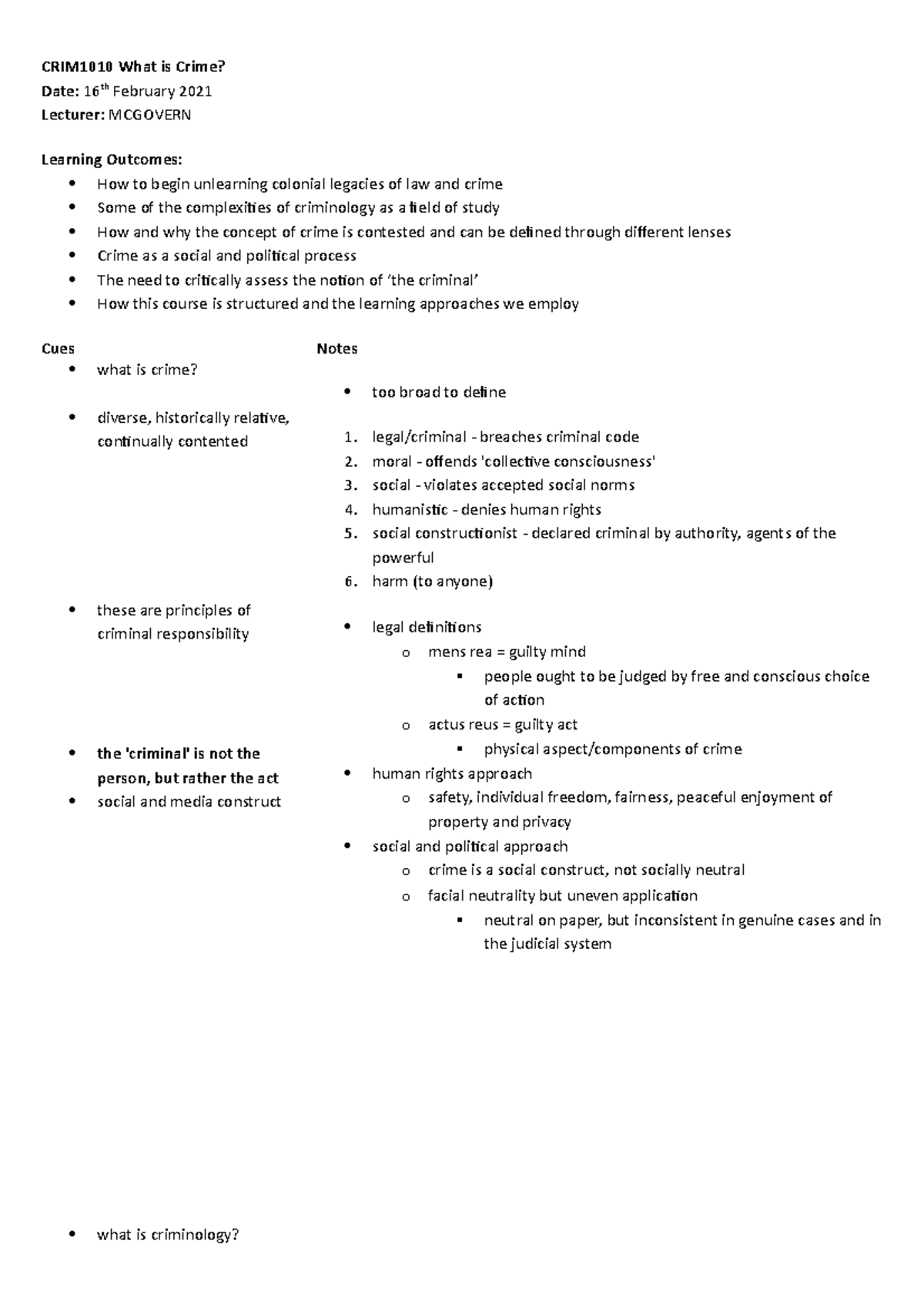 1. what is crime - class notes - CRIM1010 What is Crime? Date: 16 th ...