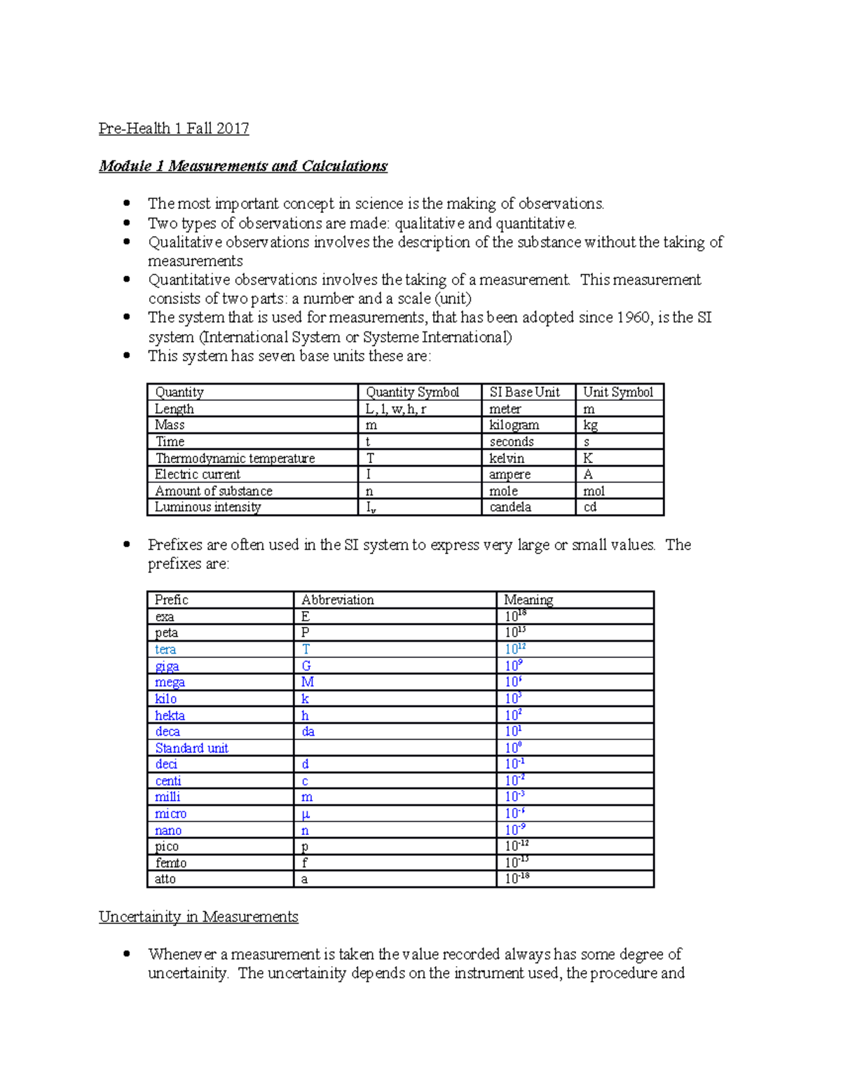 Module 1 Pre-Health Measurements and Calculations - Pre-Health 1 Fall ...
