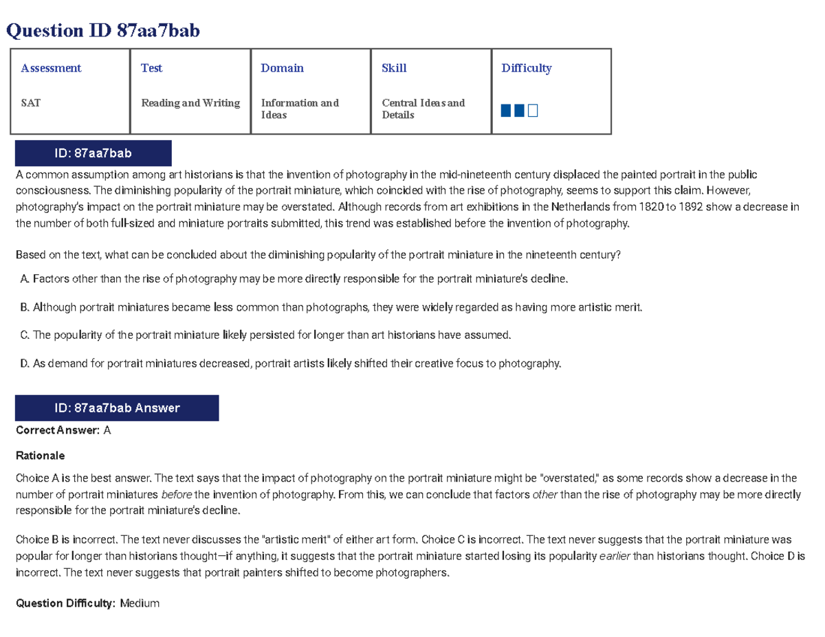 Central Ideas and Details SAT Suite Question Bank - Results - Question ...