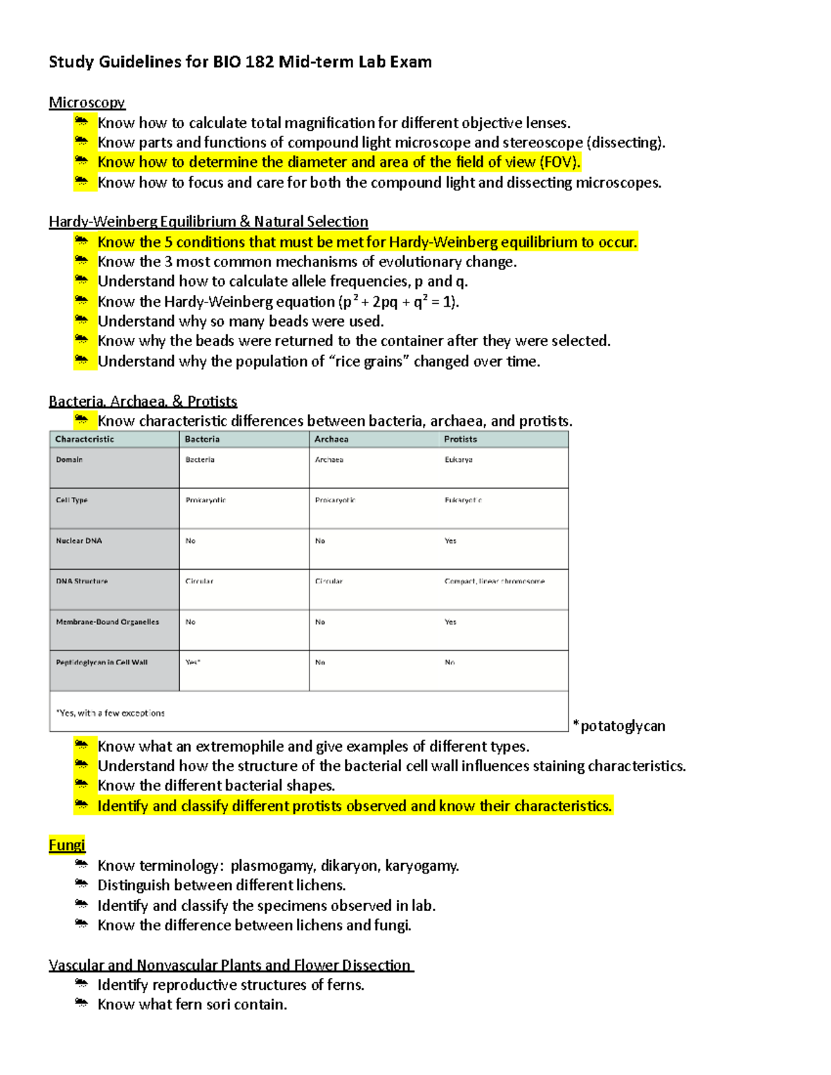Study Guide for Midterm - Study Guidelines for BIO 182 Mid-term Lab ...