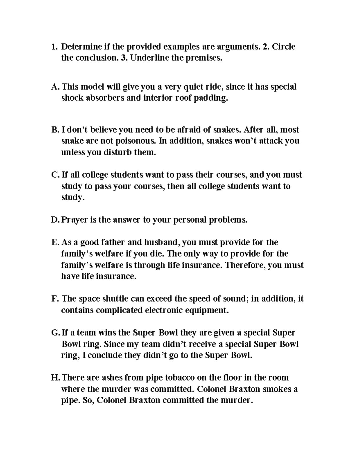 Argument - Class Worksheet - Determine if the provided examples are ...