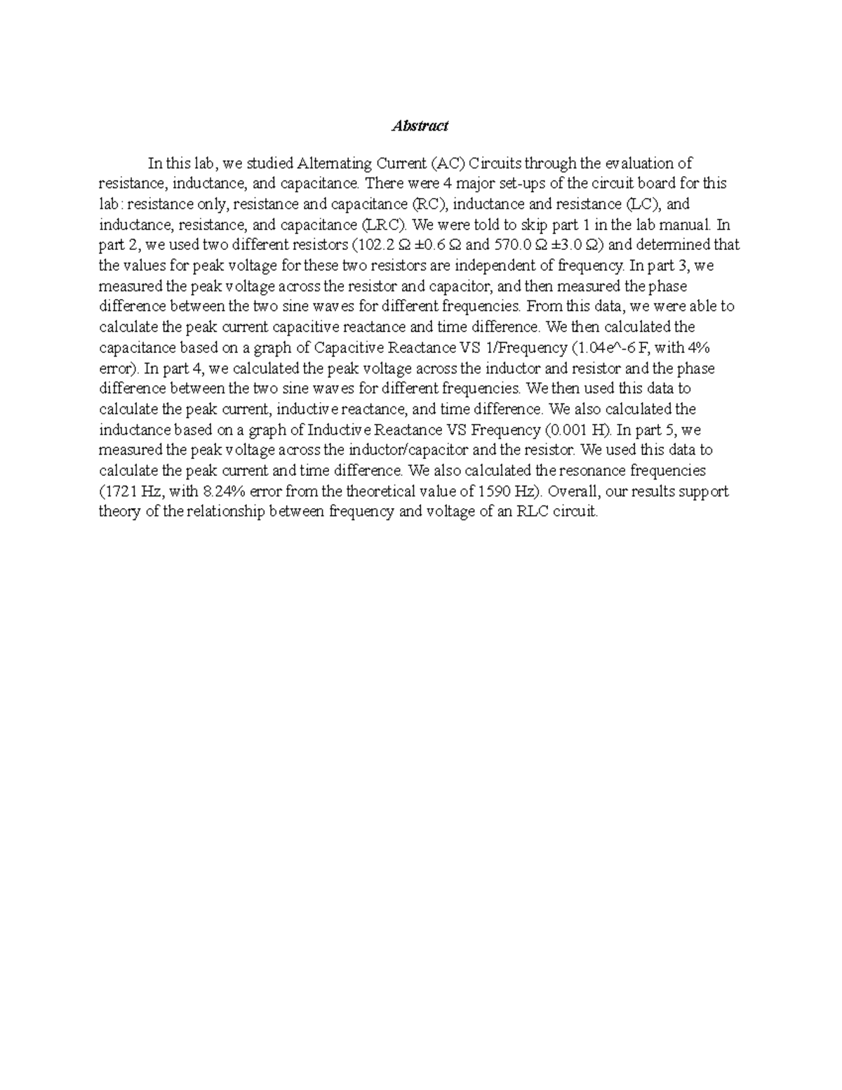 Seminar assignments - Ac circuits abstract and discussion - Abstract In ...