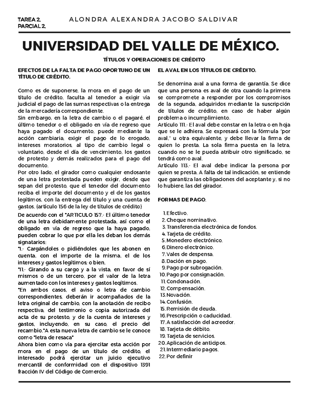 Tarea 2. Parcial 2. A.A - Títulos y operaciones de crédito - ALONDRA ...