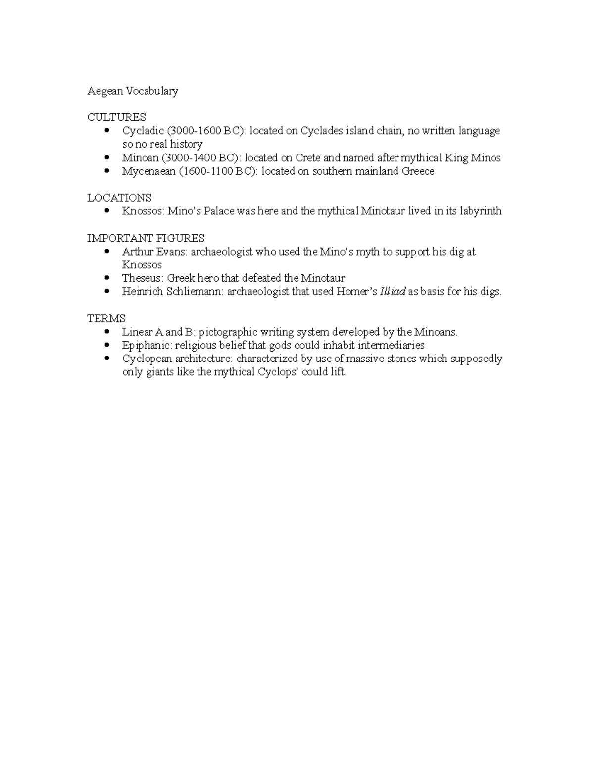 Aegean Vocab - Aegean Vocabulary CULTURES Cycladic (3000-1600 BC ...