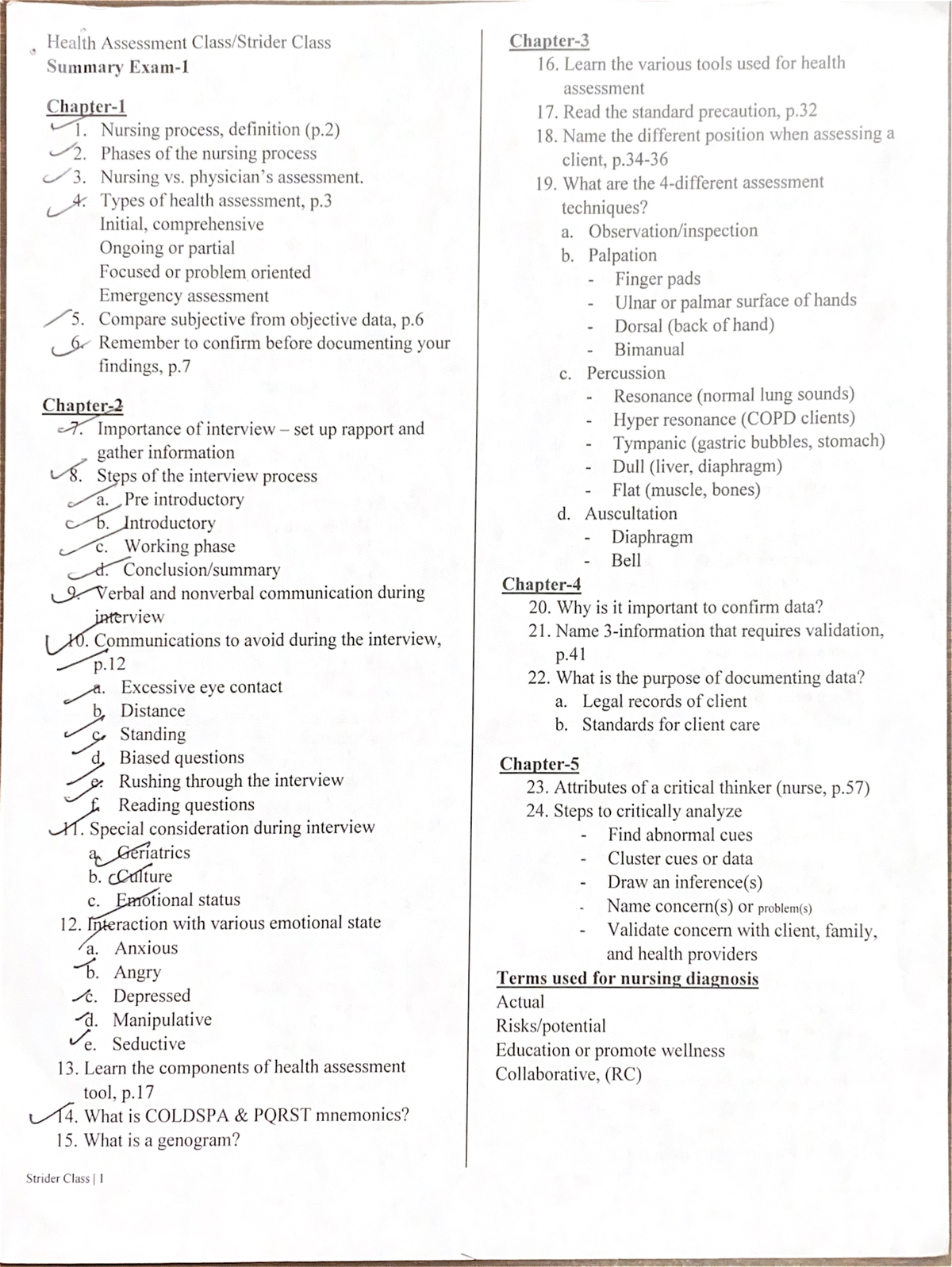 Health Assessment Packet 1 - Health Assessment Class Summary 16. Learn ...