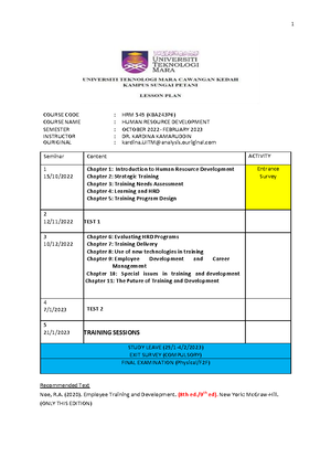 S- Lesson PLAN HRM549 SEM- March- August 2023 - HRM HUMAN RESOURCE ...