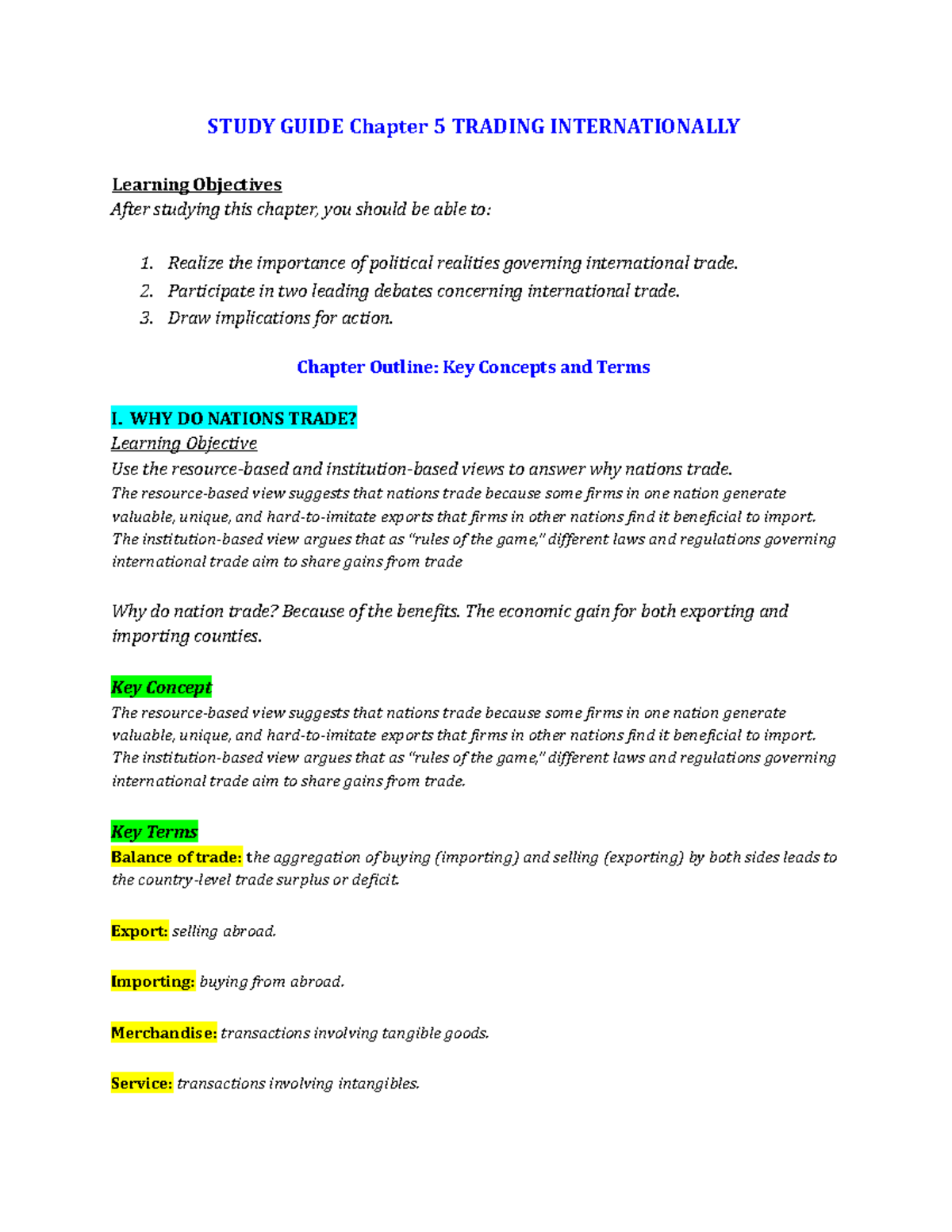 Chapter 5 Study Guide - STUDY GUIDE Chapter 5 TRADING INTERNATIONALLY ...