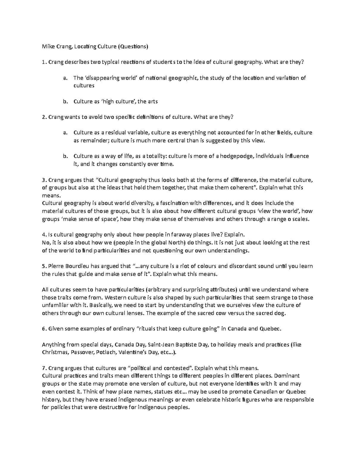 Reading 1 Locating Culture Answers - Mike Crang, Locating Culture ...