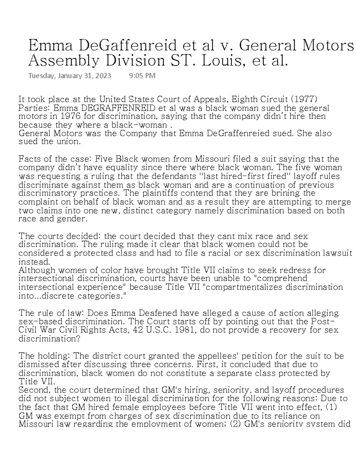 Emma De Gaffenreid et al v. General Motors Assembly Division ST. Louis ...