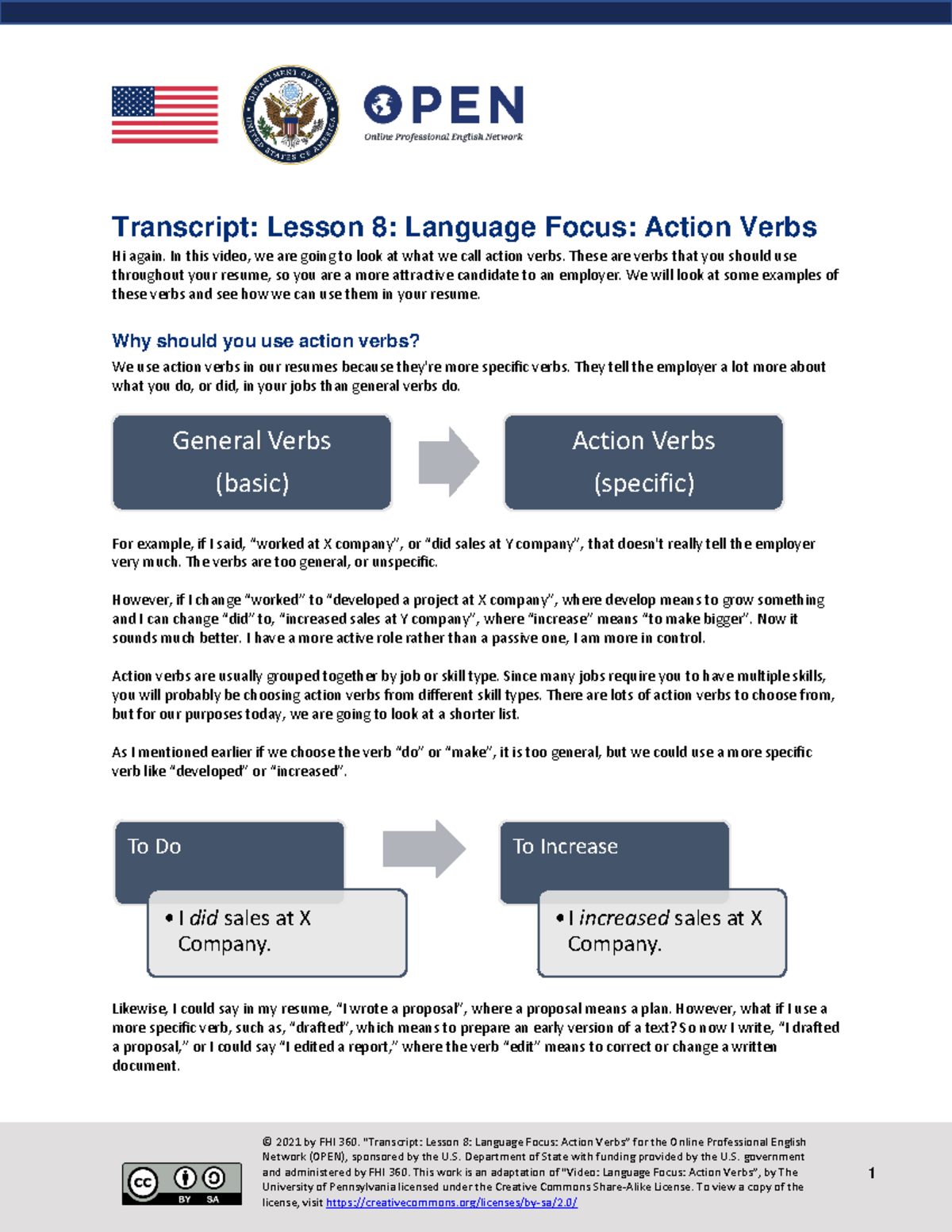 Transcript Lesson 8 Using Action Verbs - 1 © 2021 by FHI 360 ...
