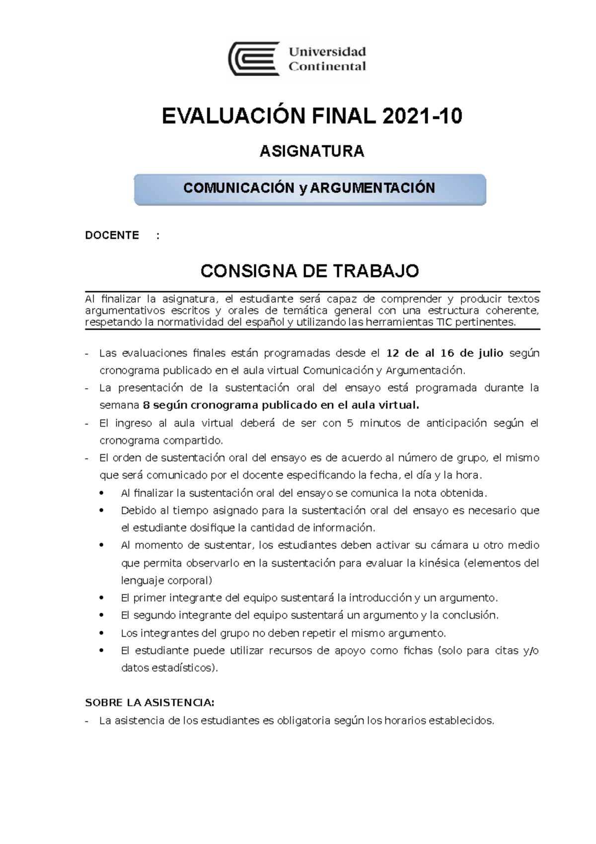 1. Consigna de Evaluación Final 2021 10 (Comunicación y Argumentación) - EVALUACIÓN FINAL 2021 ...