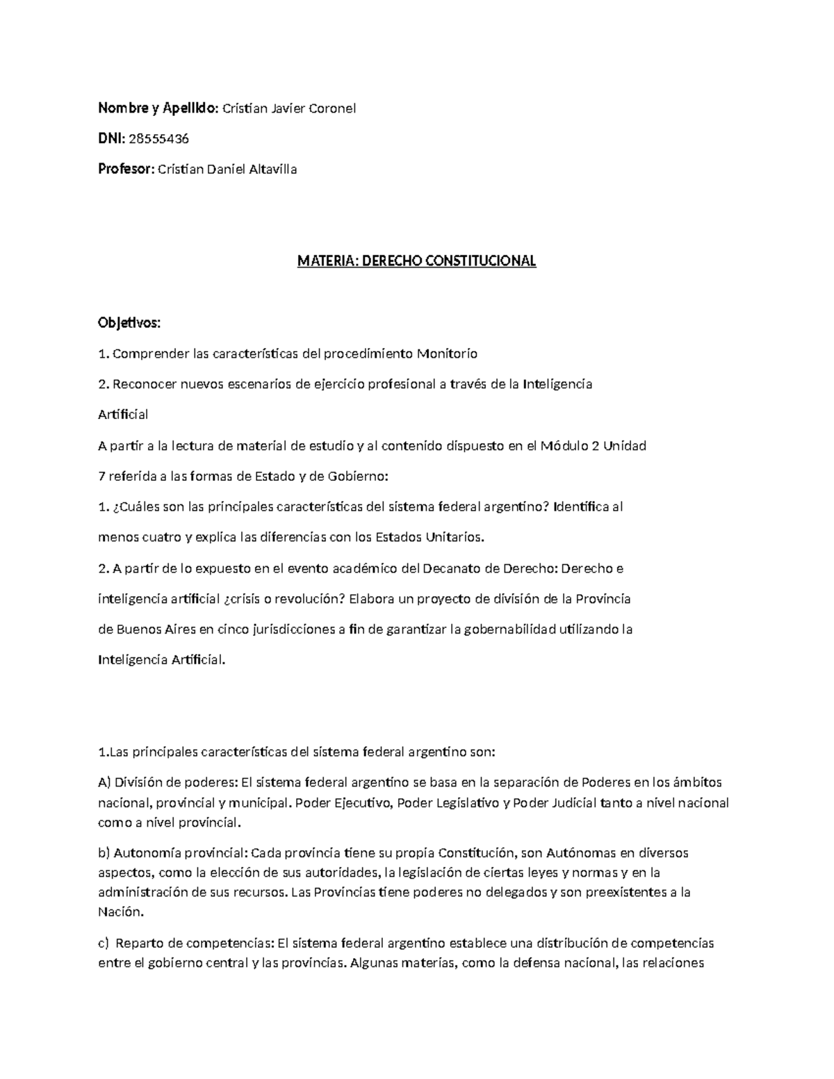 derecho privado - Nombre y Apellido: Cristian Javier Coronel DNI ...