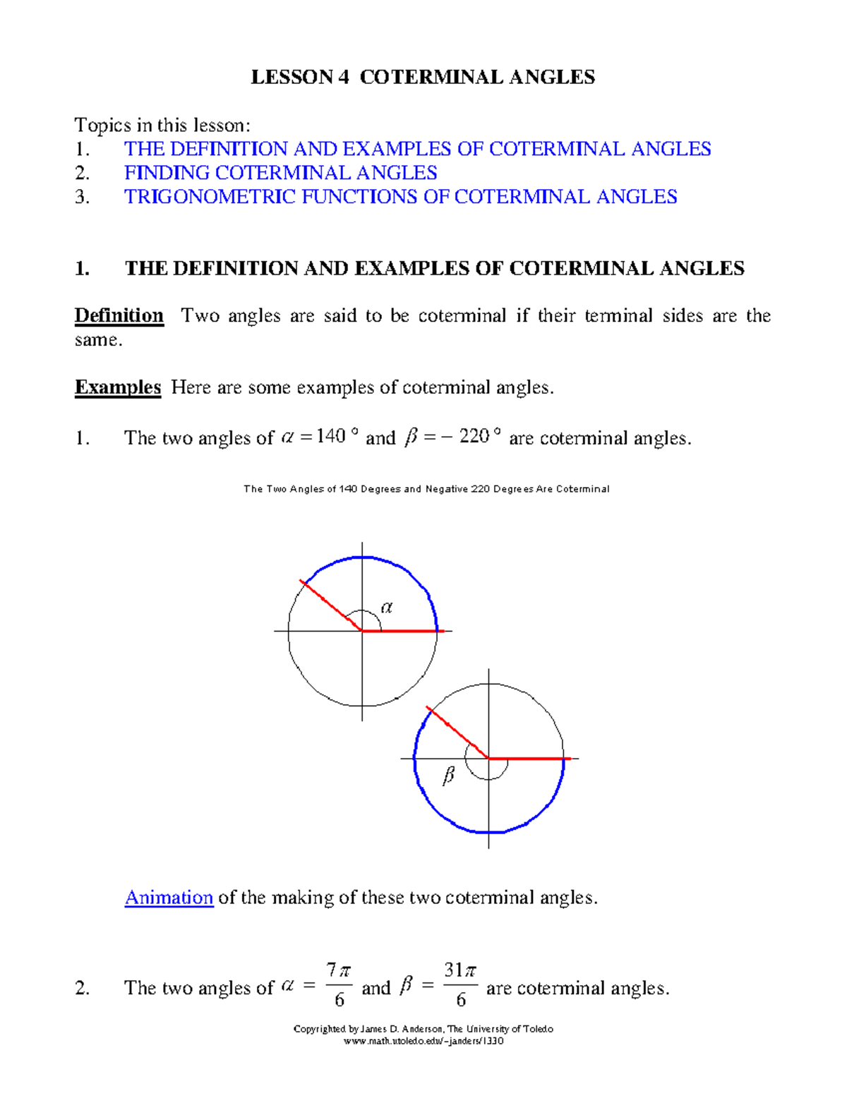 Lesson 4 - Notes from class - LESSON 4 COTERMINAL ANGLES Topics in this ...