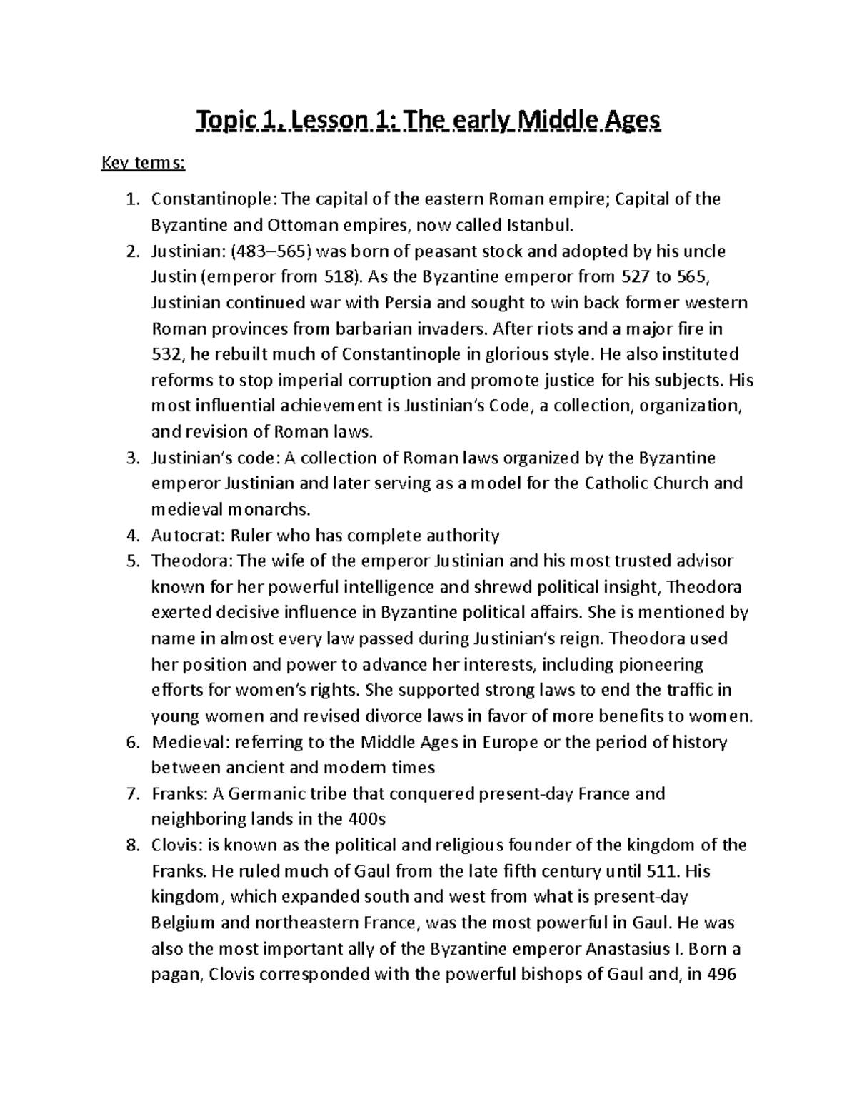 Topic 1 lesson 1 - bookwork - Topic 1, Lesson 1: The early Middle Ages ...