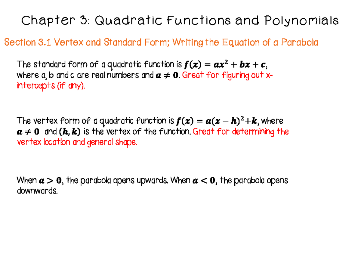 3.1 Notes - Chapter 3: Quadratic Functions and Polynomials Section 3. 1 ...