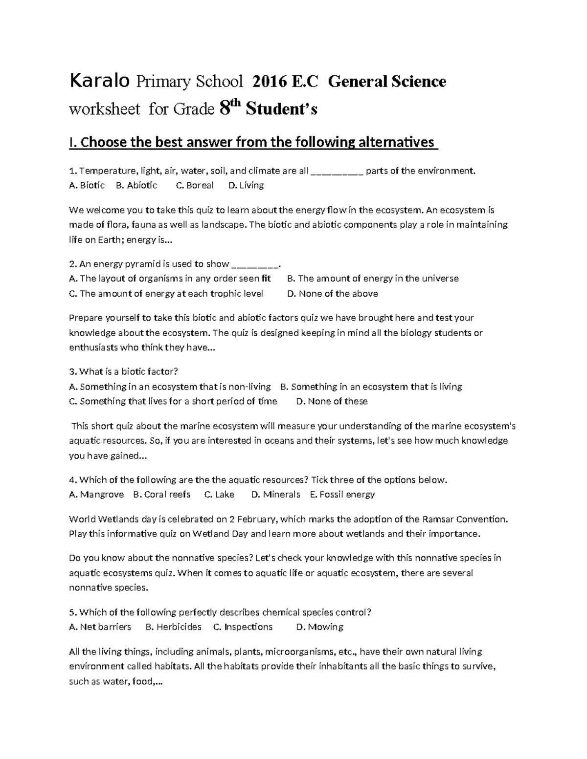 2016 grade 8 General Science worksheet - Karalo Primary School 2016 E ...