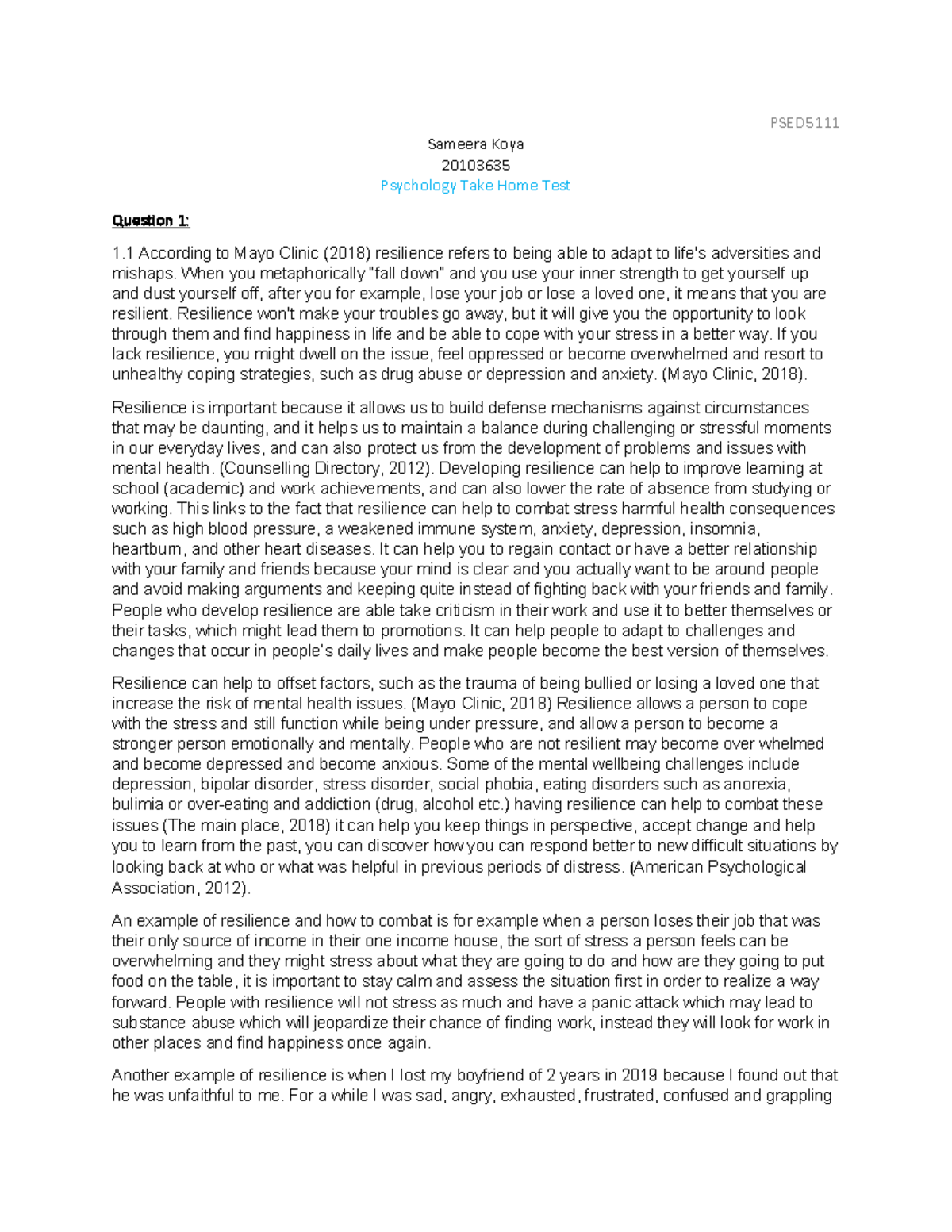 first year Psych Take home test - PSED Sameera Koya 20103635 Psychology ...