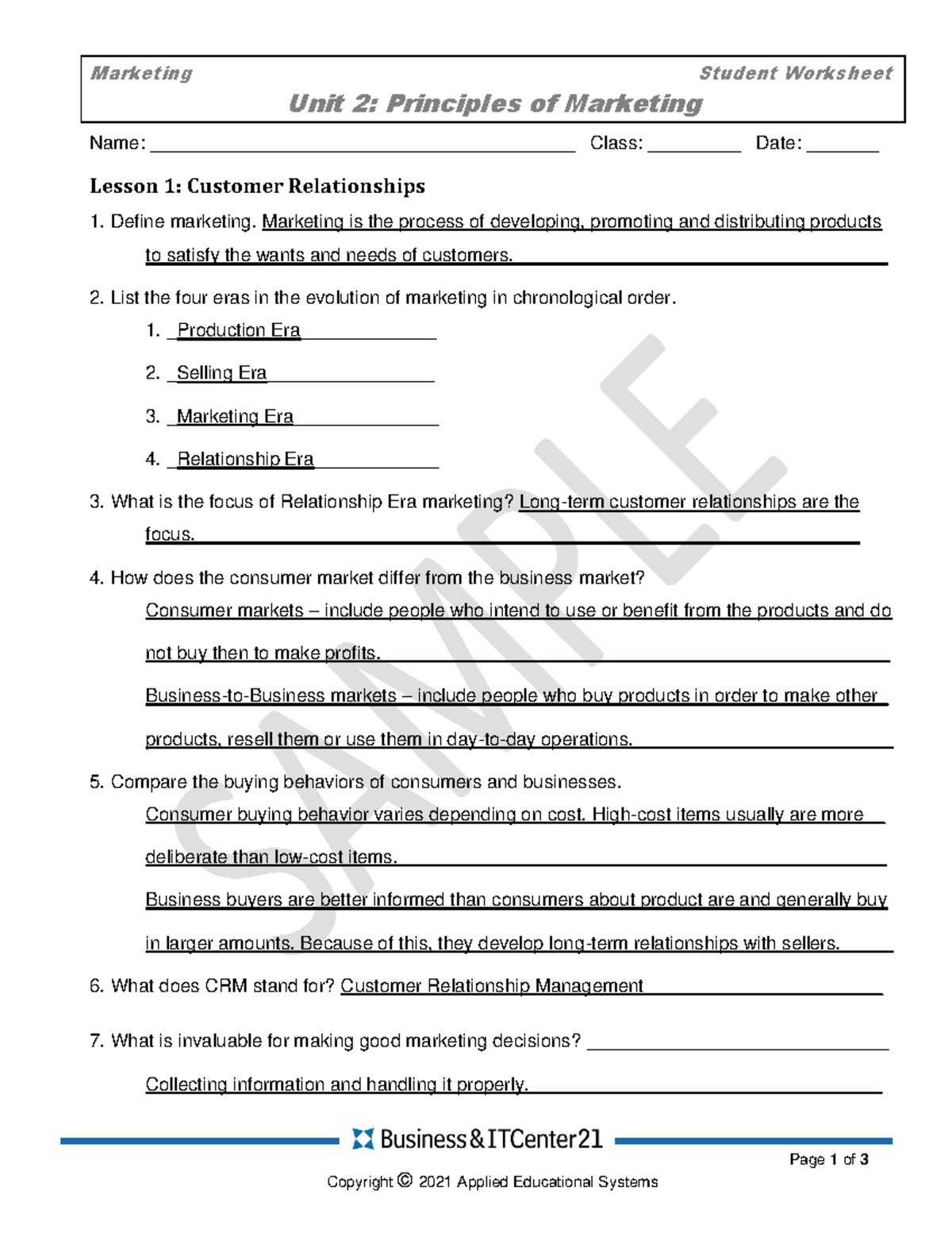 Principals of Marketing - Marketing Student Worksheet Unit 2 ...
