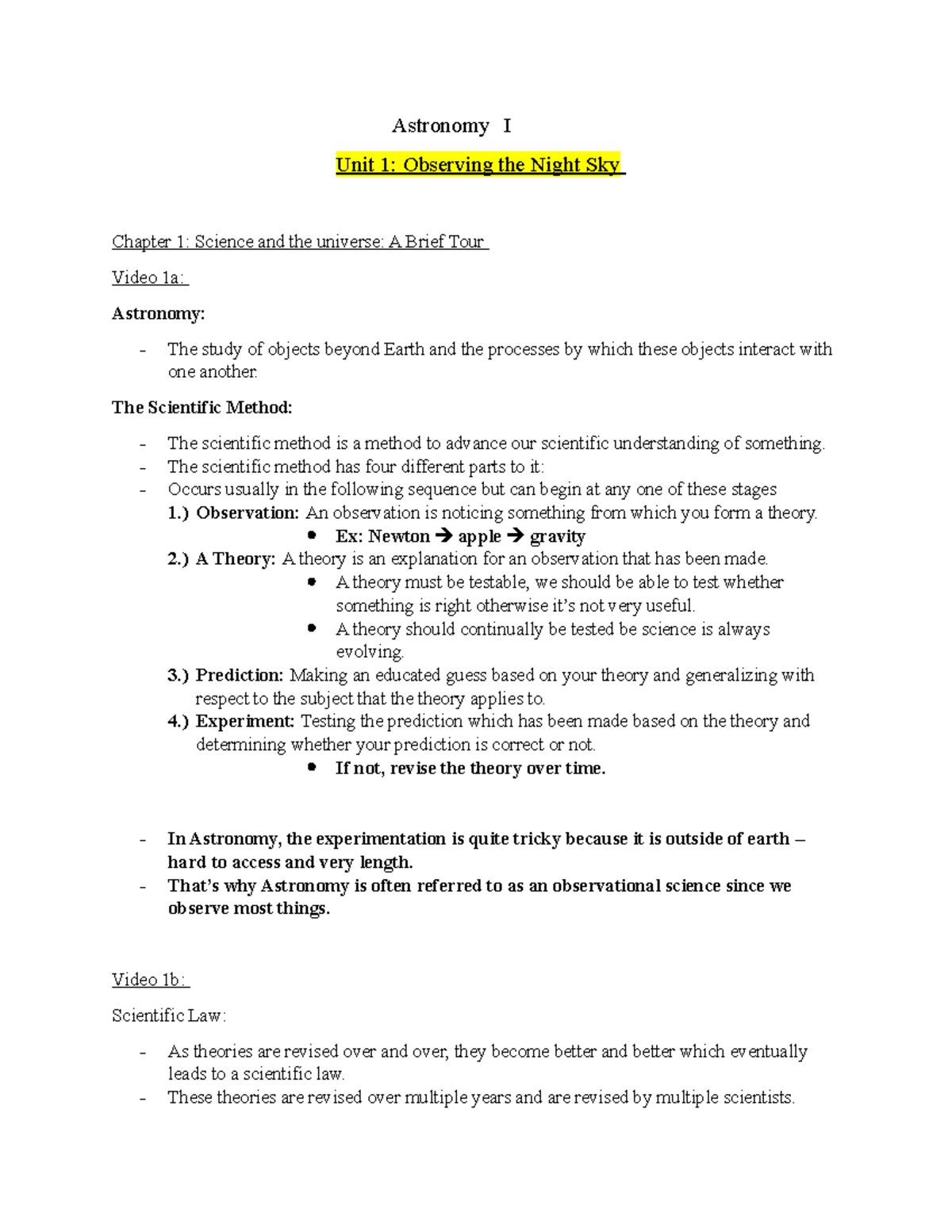 Astronomy Unit 1 Summary Notes - Astronomy I Unit 1: Observing the ...