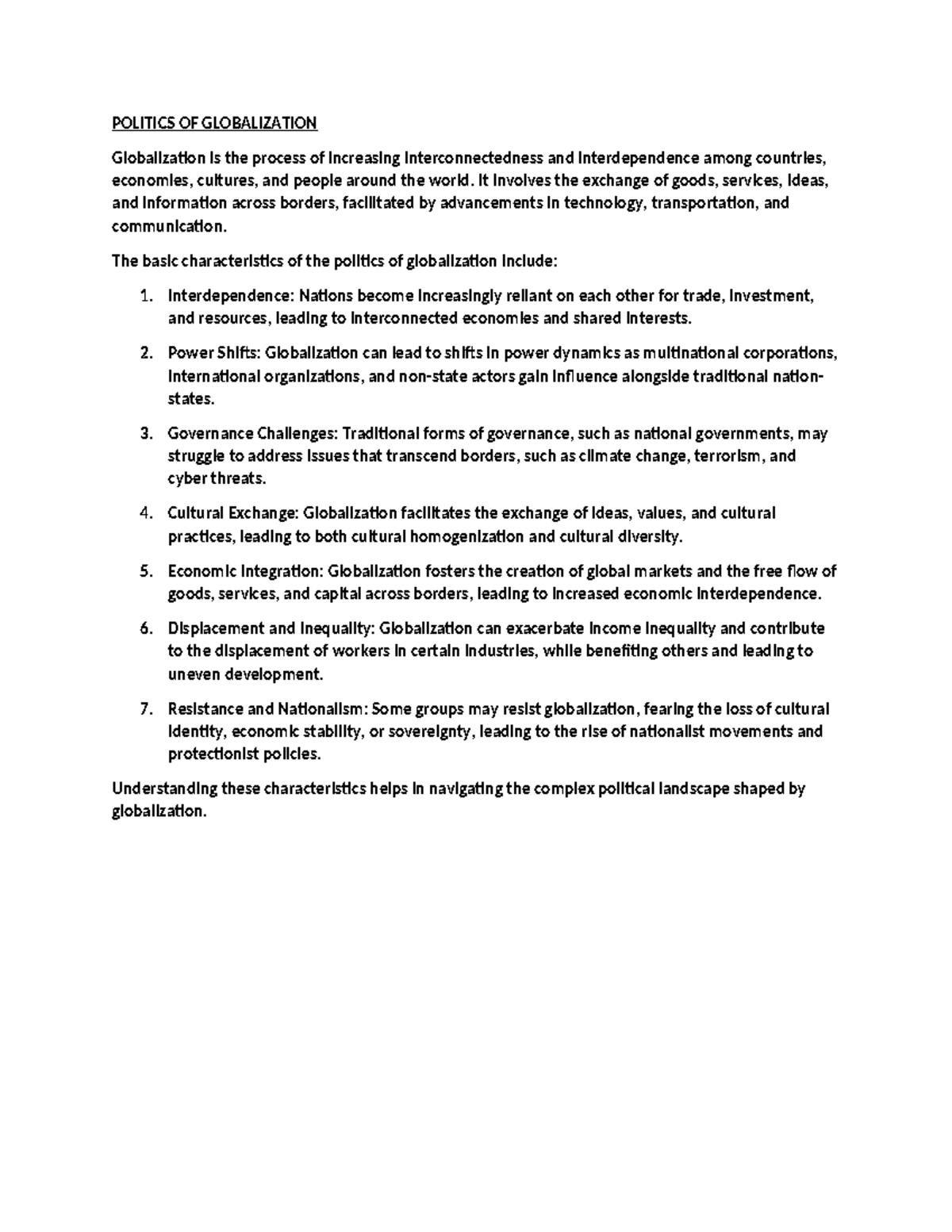 Politics of globalization - POLITICS OF GLOBALIZATION Globalization is ...