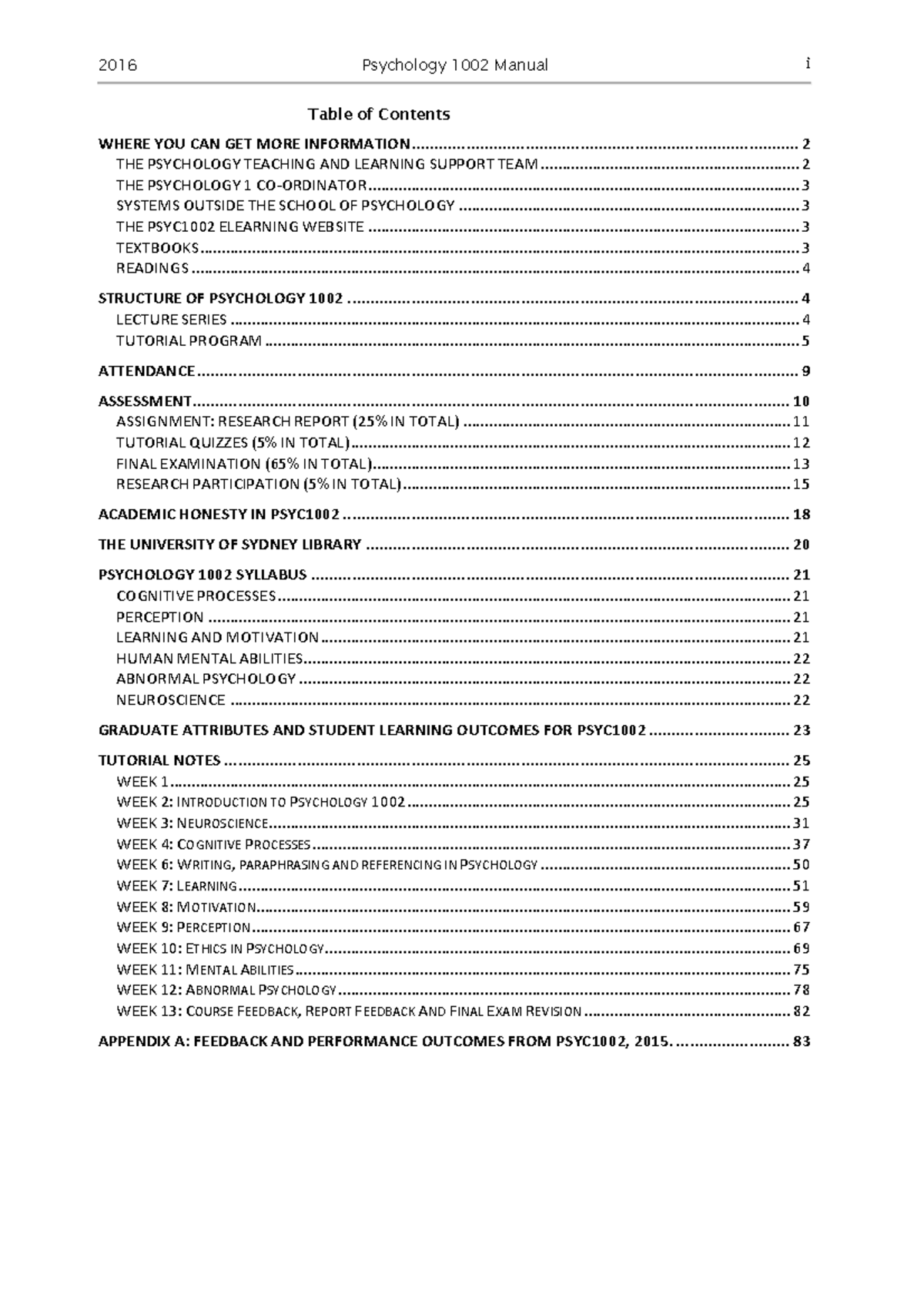 PSYC1002 Manual 2016 - 2016 Psychology 1002 Manual i Table of Contents ...