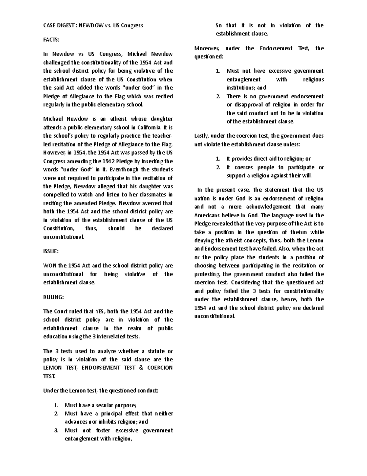 Case digest of Newdow case - CASE DIGEST : NEWDOW vs. US Congress FACTS ...