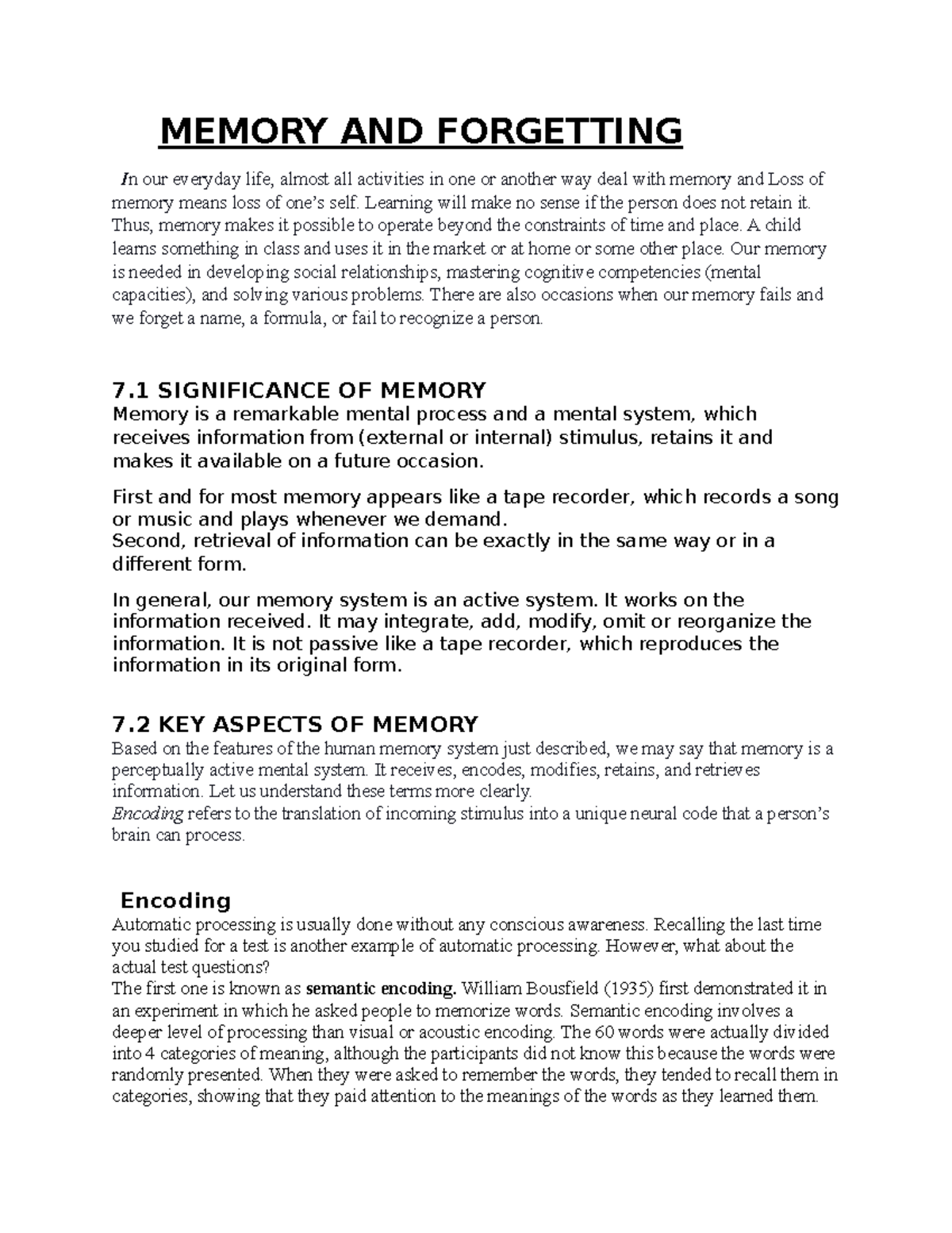 Powepoint of memory and forgetting - MEMORY AND FORGETTING In our everyday life, almost all ...