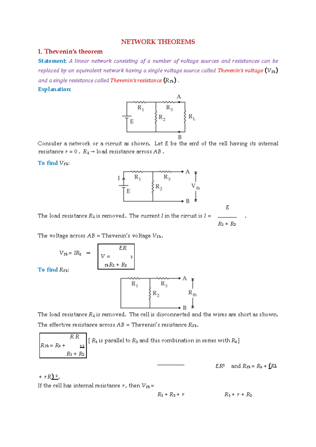 Network Theorems 1 - 1. Thevenin’s theorem Statement: A linear network ...