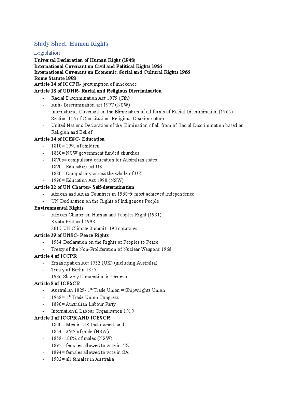 Human Rights - Cheat sheets - Study Sheet: Human Rights Legislation ...