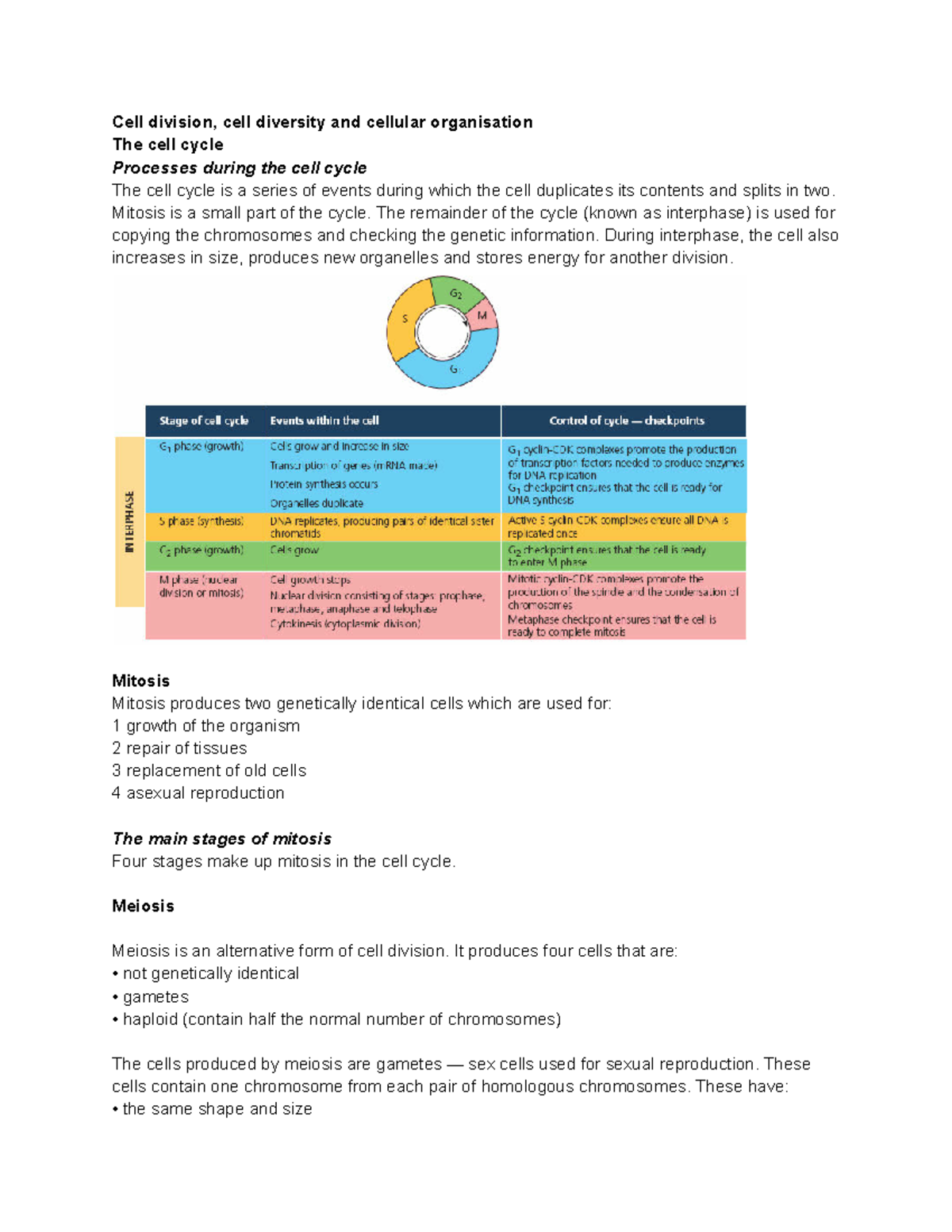 2 - Lecture notes 11 - Cell division, cell diversity and cellular ...