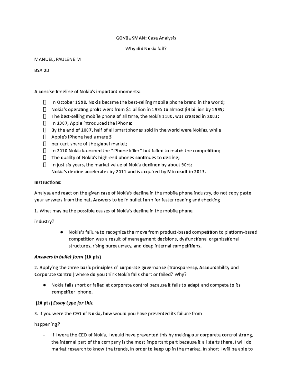 G Ovbusman Midterm Quiz 1 - GOVBUSMAN: Case Analysis Why did Nokia fail ...