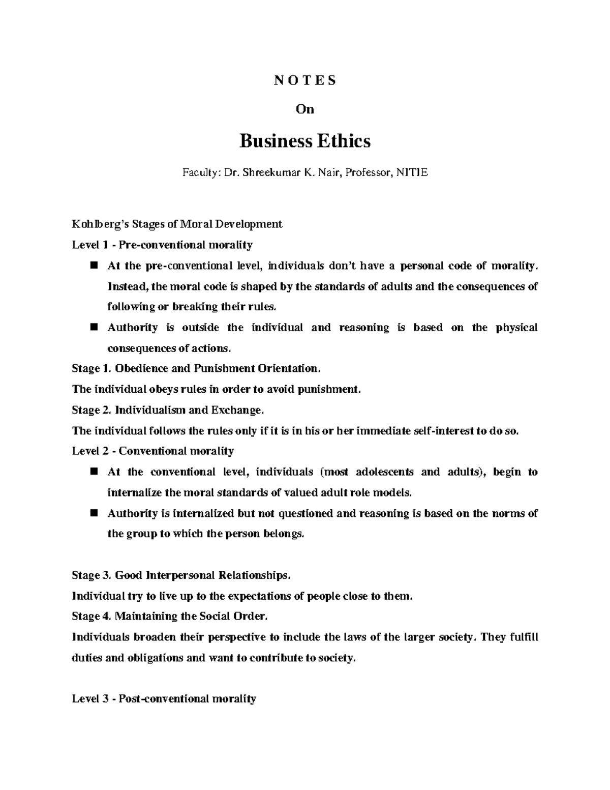 Business Ethics - Study Material - N O T E S On Business Ethics Faculty ...