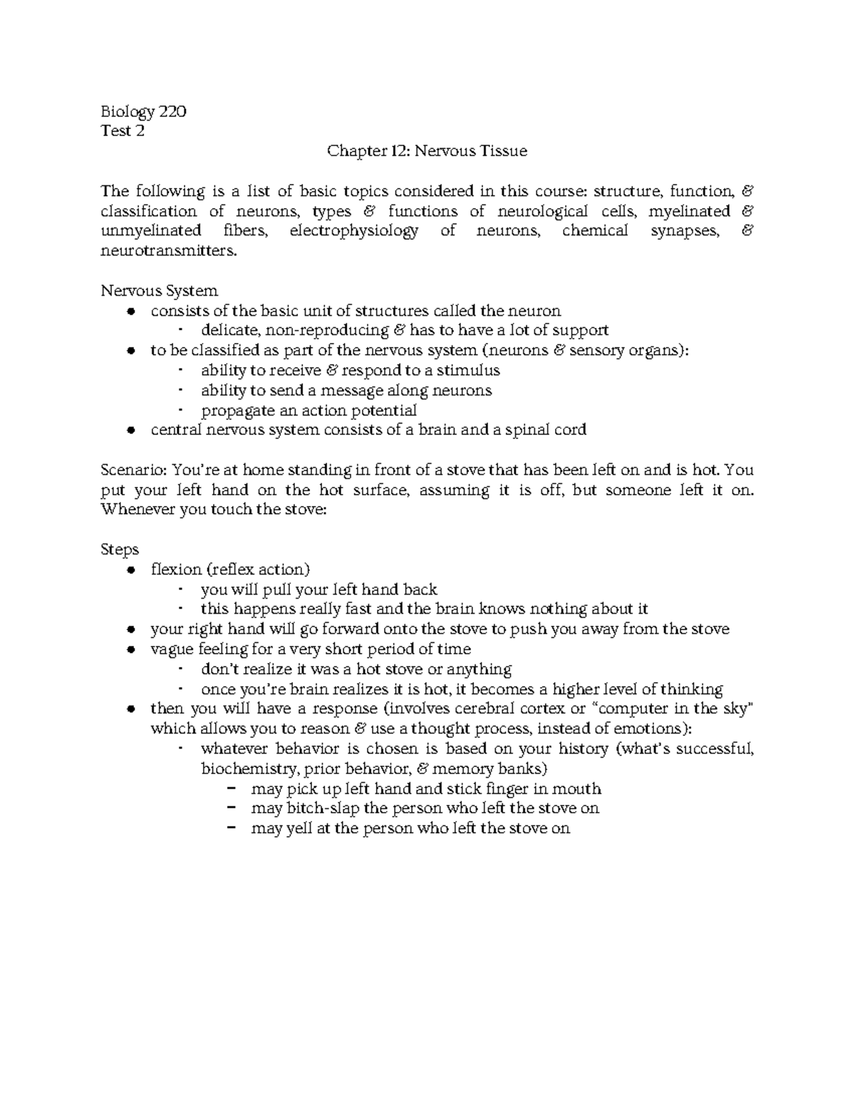 notes for chapter 12 - Biology 220 Test 2 Chapter 12: Nervous Tissue ...