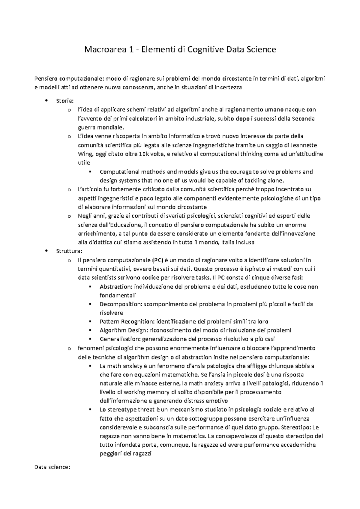 Macroarea 1 - Elementi di Cognitive Data Science, Professor Stella - Macroarea 1 - Elementi di ...