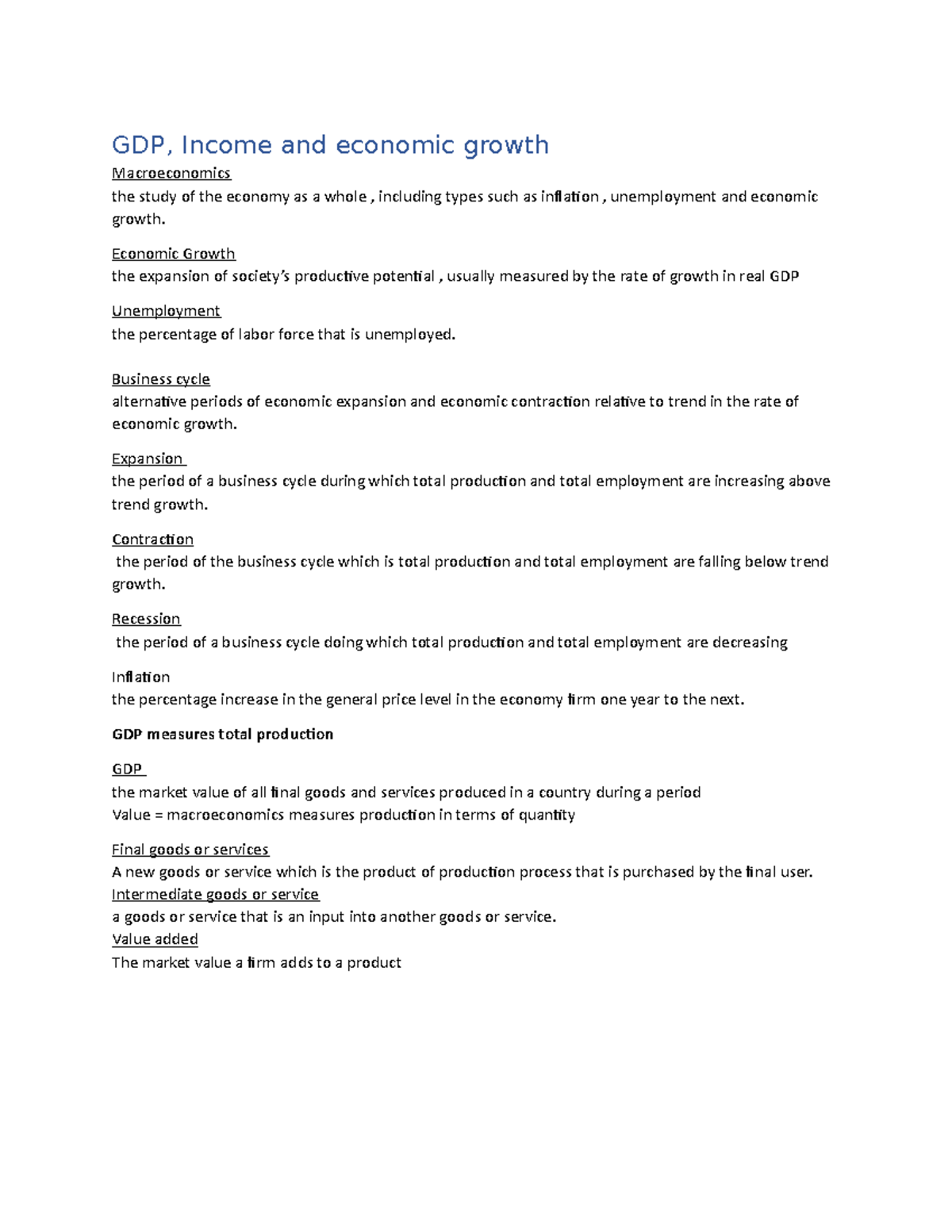 Exam notes Economcis - GDP, Income and economic growth Macroeconomics ...