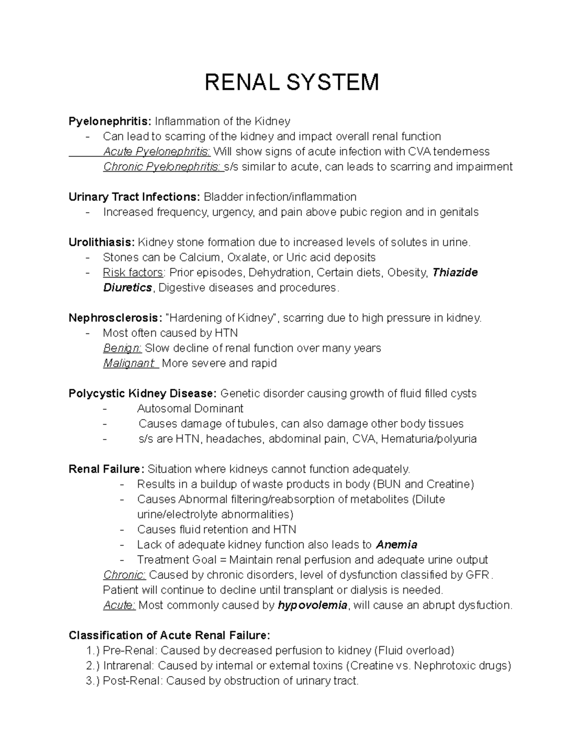 Patho/ Pharm QUIZ #3 - Summary of Renal material - RENAL SYSTEM ...