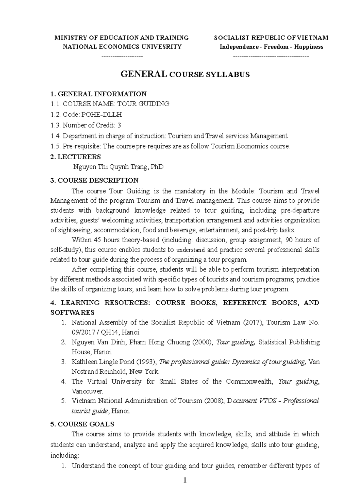 Syllabus Tour Guiding K62 Ms Q Trang - MINISTRY OF EDUCATION AND ...