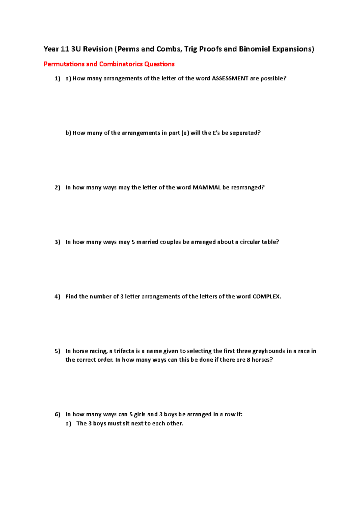 Year 11 3U Revision - A collection of year 11 3u math questions. Topics ...