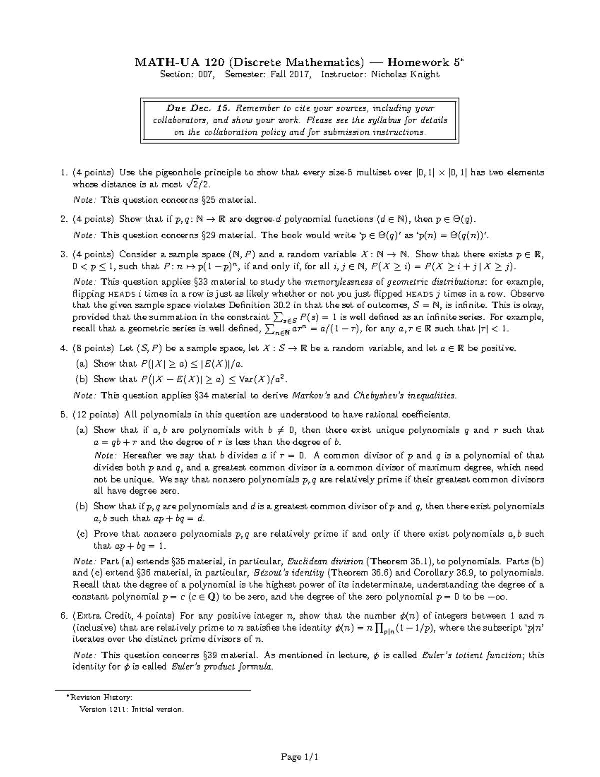 Homework 5 - Professor Knight HW #5 Fall 2017 - MATH-UA 120 (Discrete ...