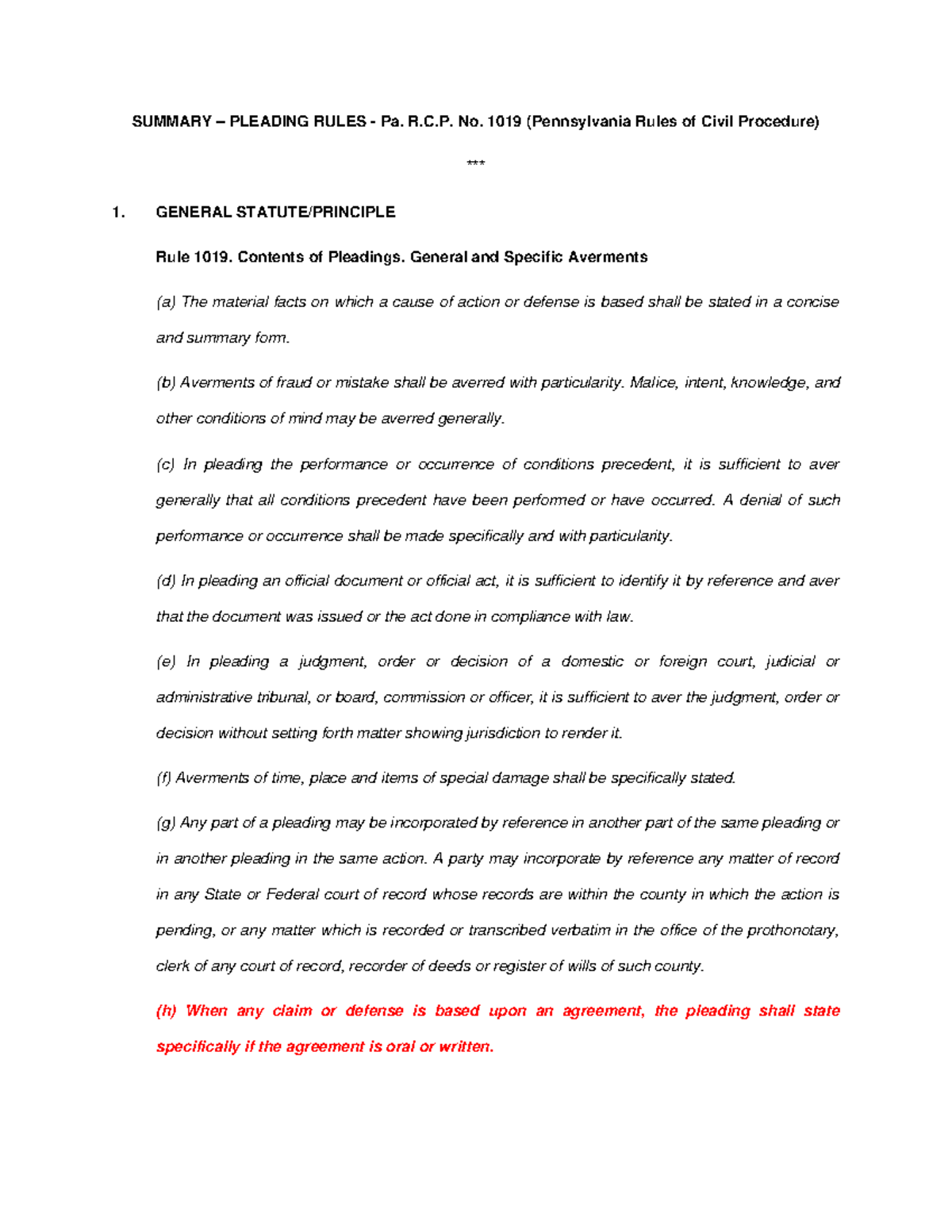 TORTS - PLEADING RULE - PENNSYLVANIA CODE 1019 - SUMMARY + CLASS NOTES ...
