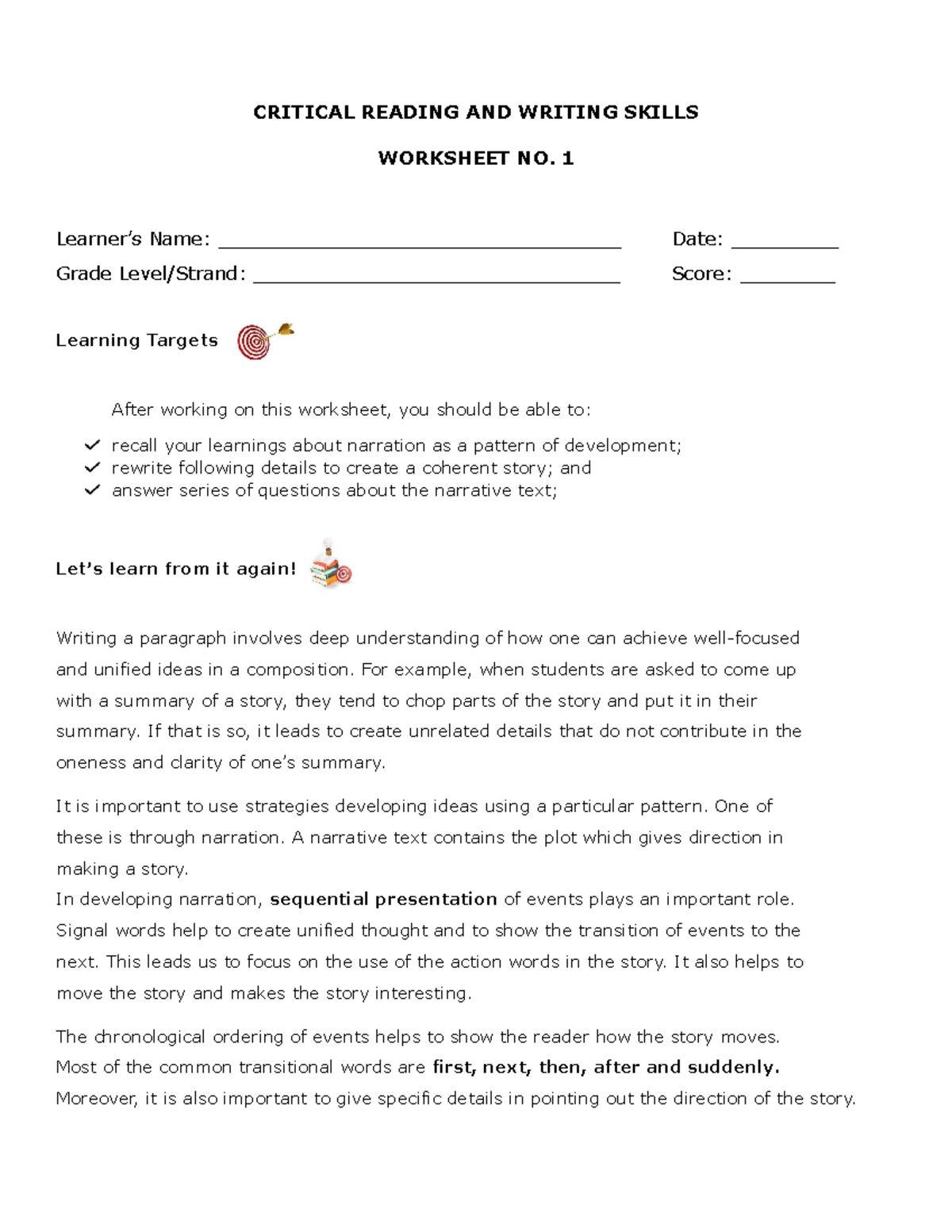 Worksheet NO. 1 in Reading and Writing Skills - CRITICAL READING AND ...